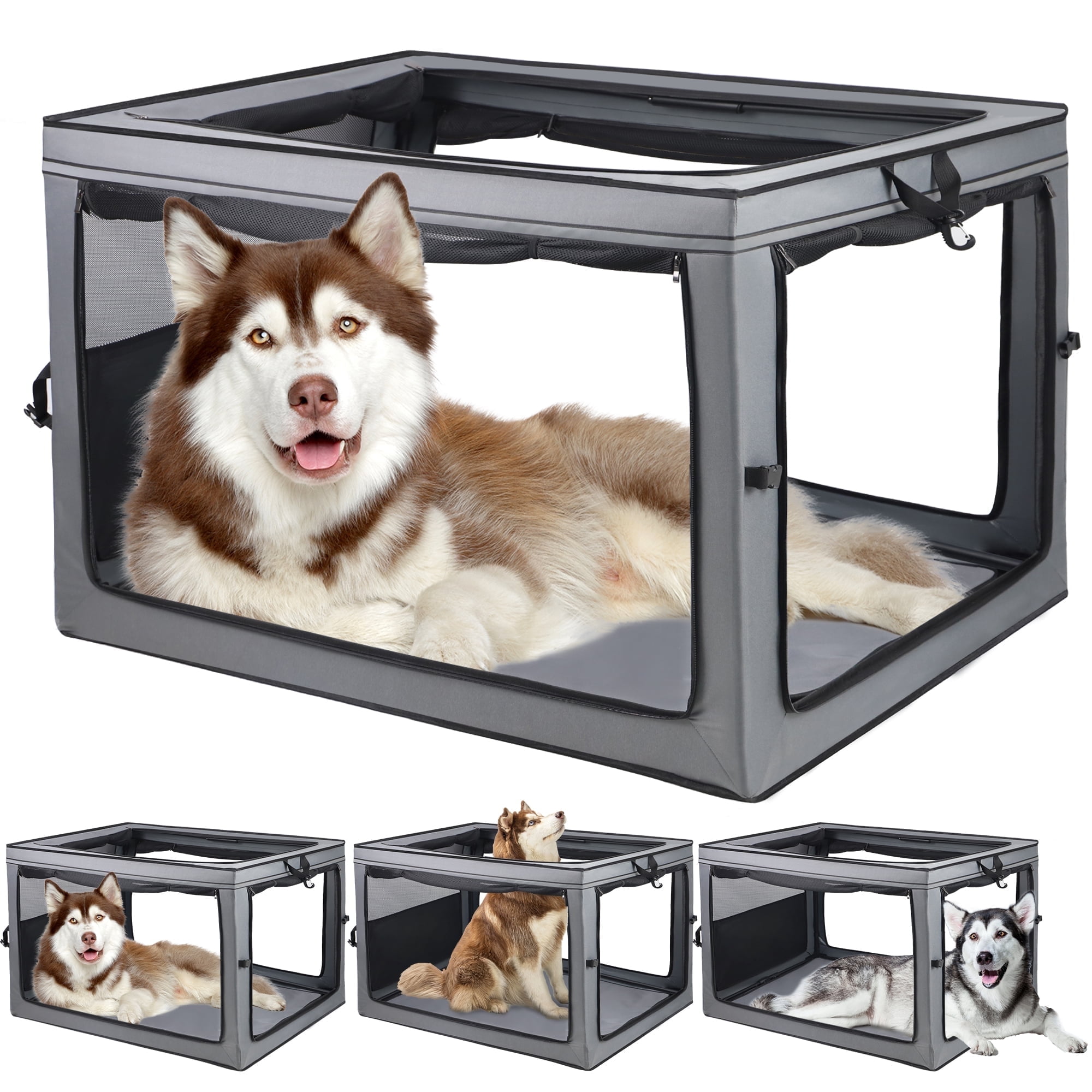 Collapsible Dog Crate 42 inch Portable Travel Crate 3 Door Foldable Pet ...