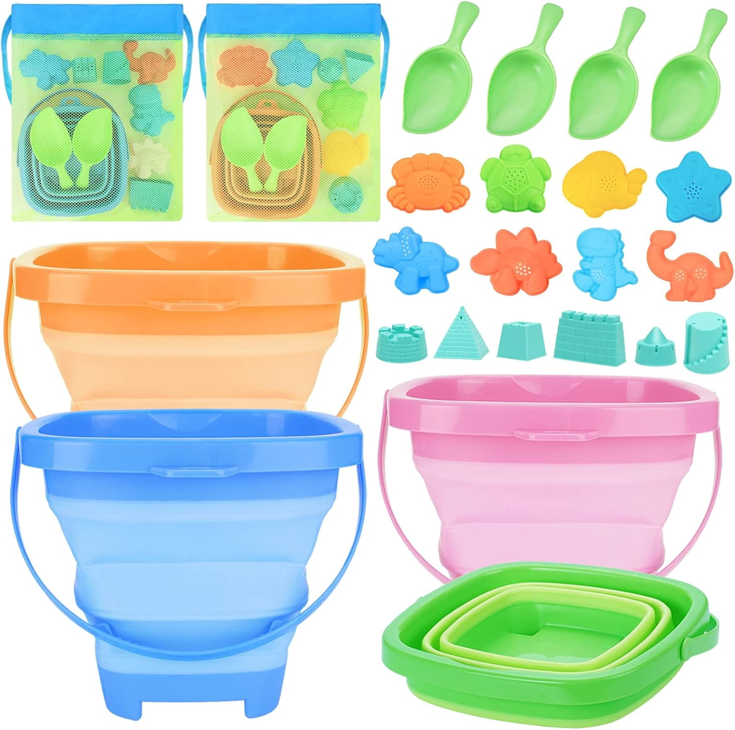 Collapsible Foldable Beach Sand Buckets and Shovels Set - Beach Toys ...