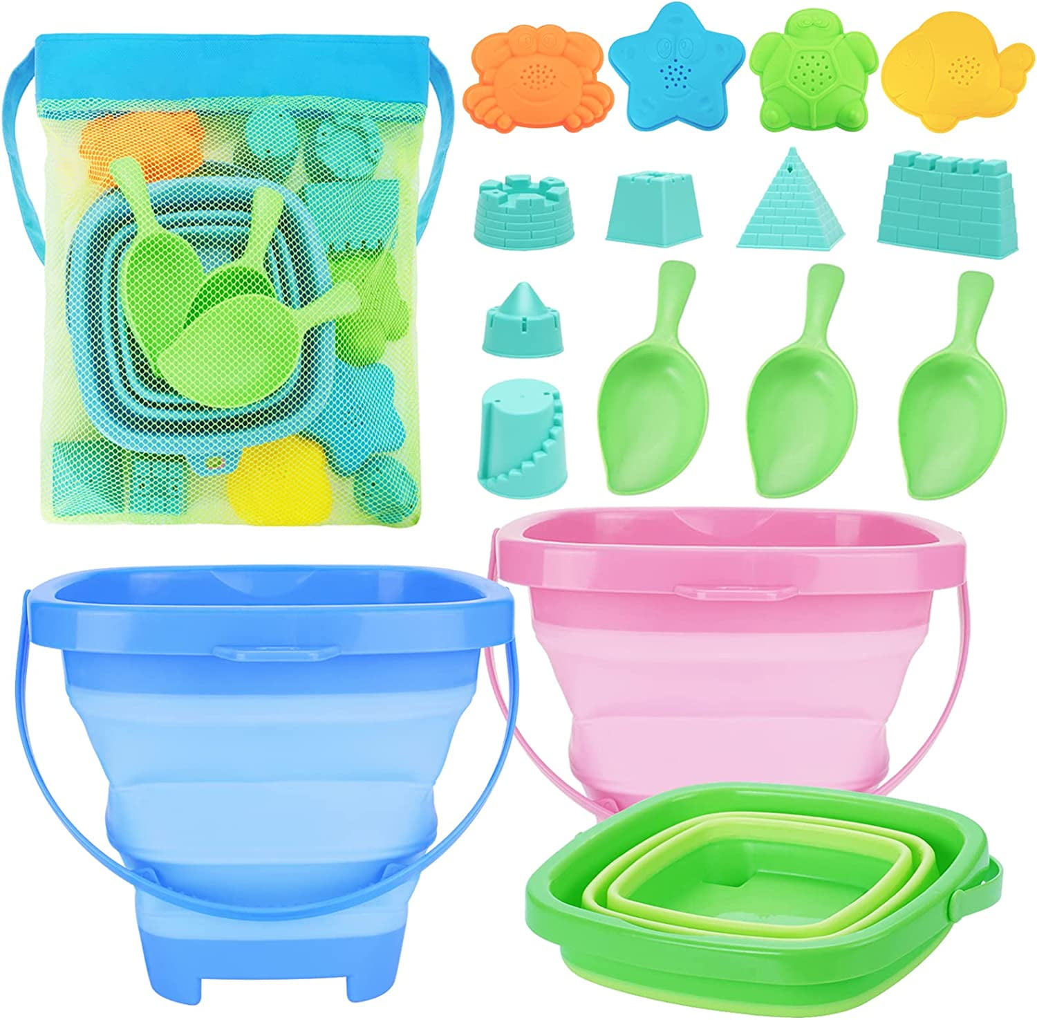 Collapsible Foldable Beach Sand Buckets and Shovels Set - Beach Toys ...