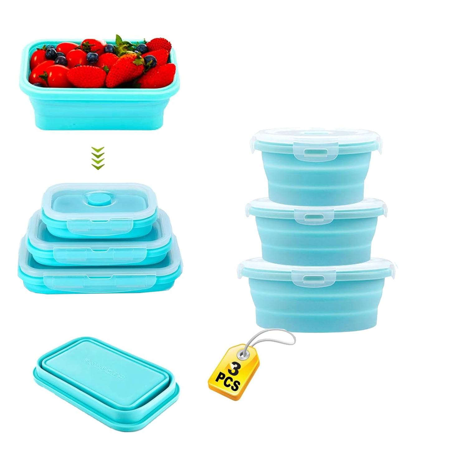 Collapsible Foldable Silicone Food Storage Container, Leftover Meal Box With Airtight Plastic ...