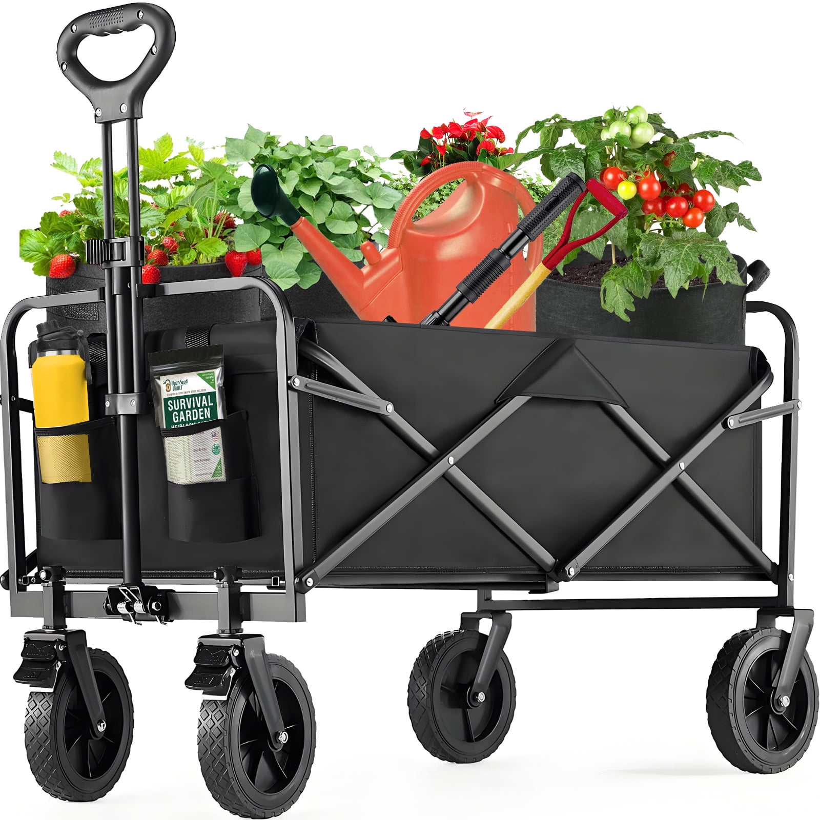 Collapsible Foldable Wagon Cart, Large Capacity Folding Wagon Cart with All-Terrain Wheels ...