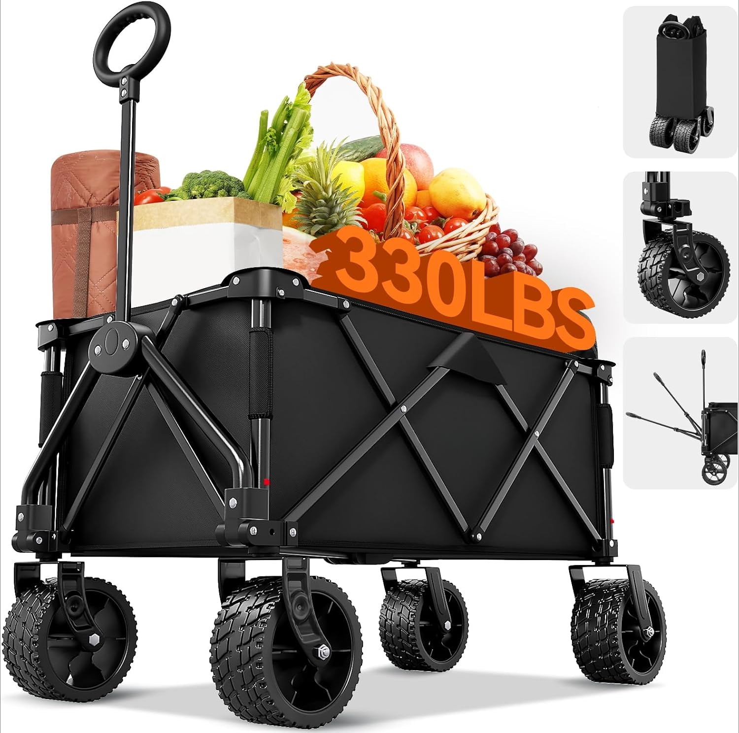 Collapsible Folding Wagon Cart, Heavy Duty Wagon Foldable with 330lbs ...