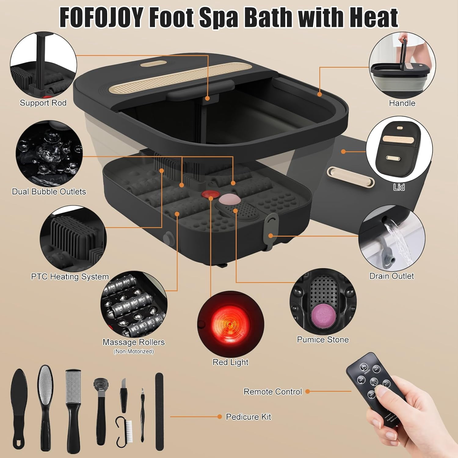 Collapsible Foot Spa Bath with Heat, Bubble Jets & Massage Rollers for ...