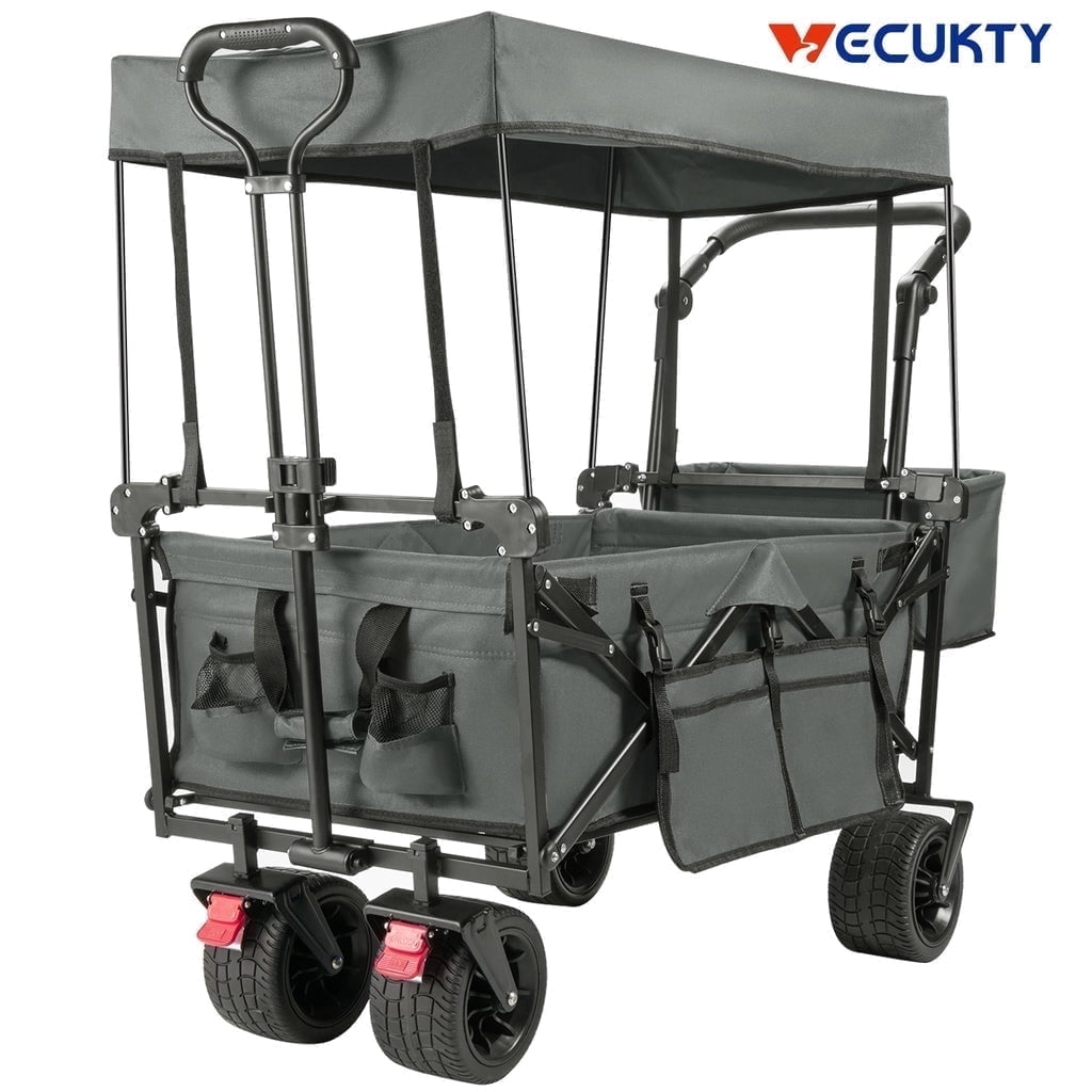 VECUKTY Collapsible Beach Wagon Cart with Canopy, Fat Wheels, Gray ...