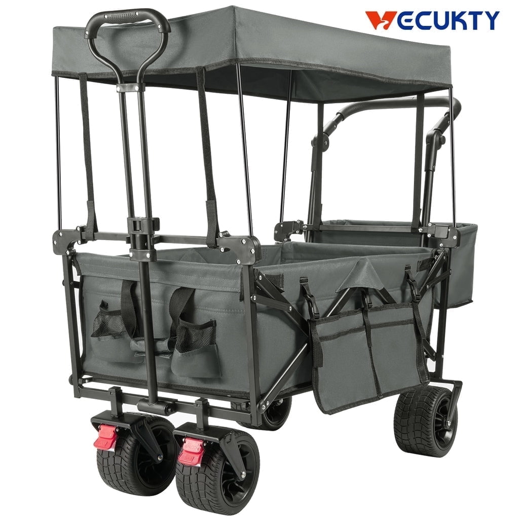 VECUKTY Collapsible Beach Wagon Cart with Canopy, Fat Wheels, Gray ...