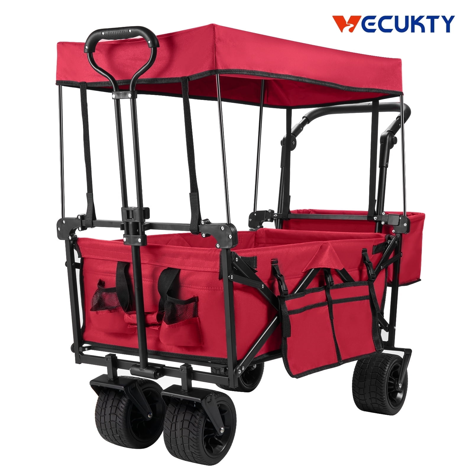 Vecukty Collapsible Garden Wagon Cart with Removable Canopy Red, 330lbs ...