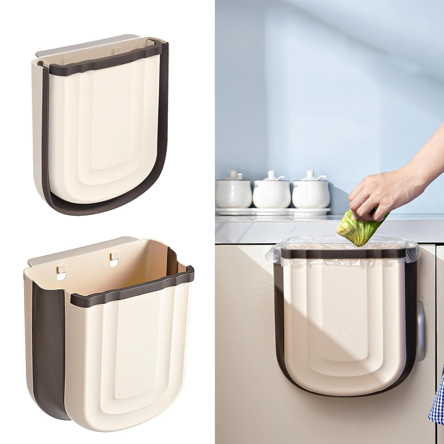 Collapsible Hanging Trash Can for Kitchen Cabinet Door, 9L Plastic ...