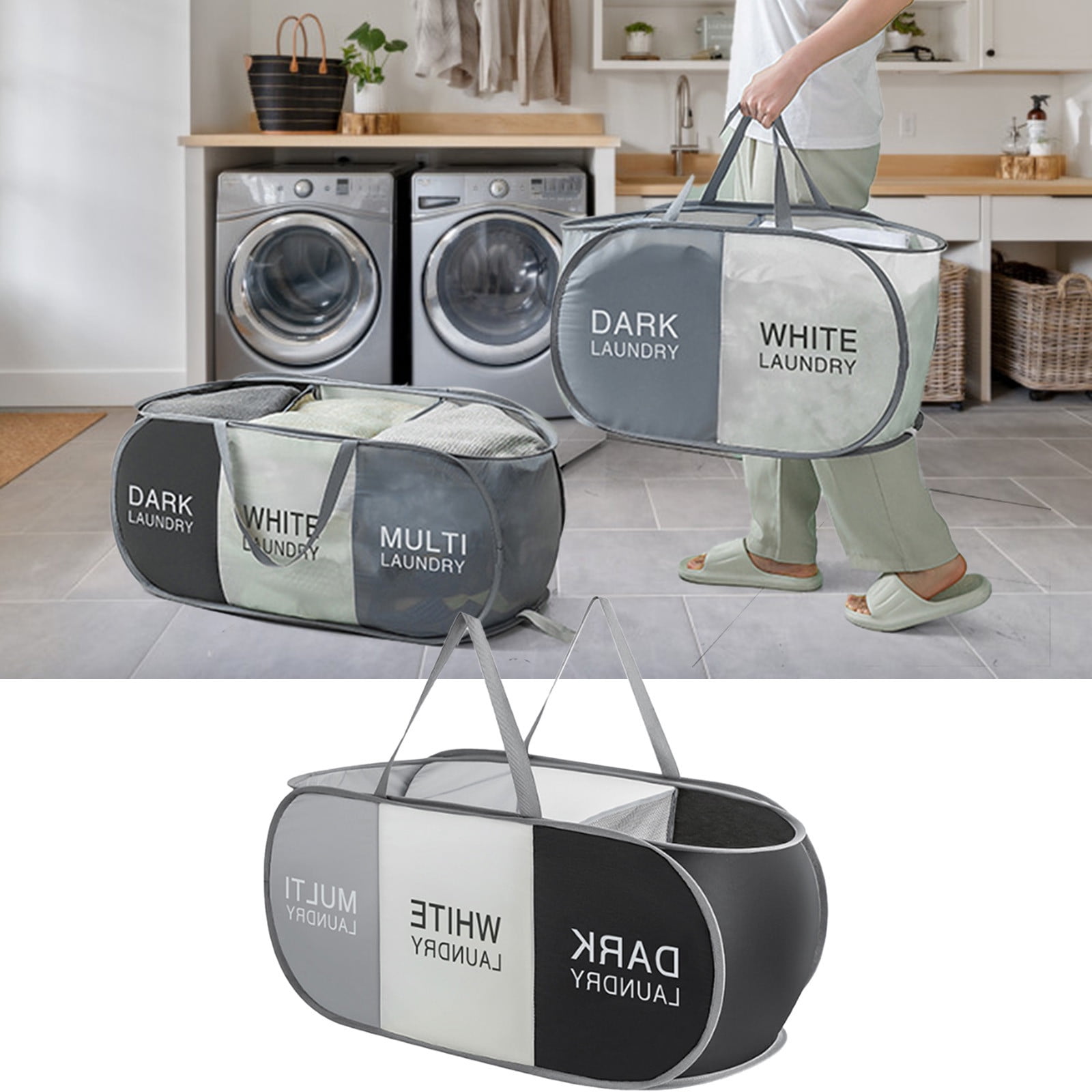 Collapsible Laundry Hamper Durable 3 Compartments Sorting Storage ...