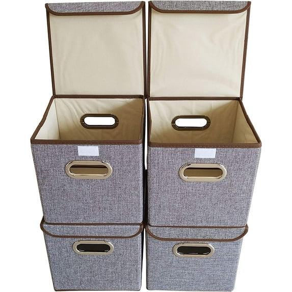 Collapsible Linen Fabric Storage Cubes with Lids, Foldable Organizer ...
