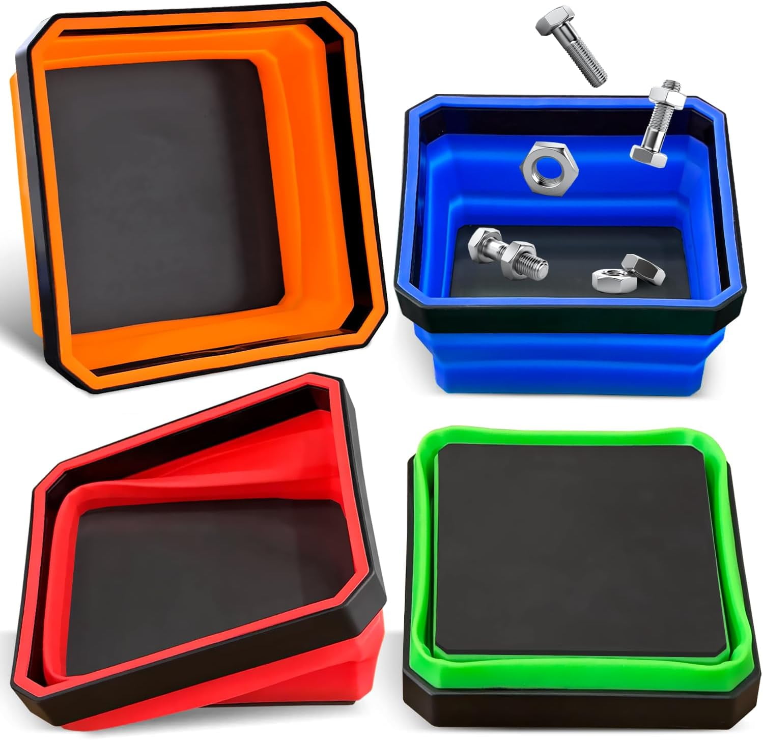 Collapsible Magnetic Parts Tray Set, 4 Pack Foldable Silicone Magnetic ...