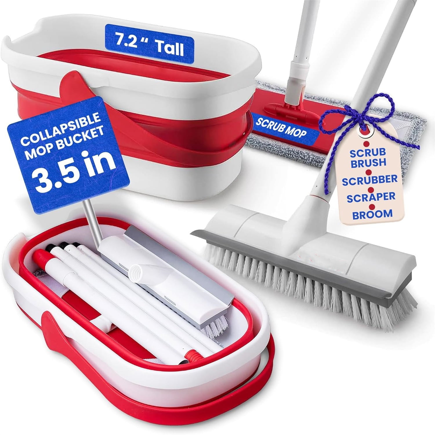 Collapsible Mop and Bucket Set with Wringer, Heavy Duty Scrub Brush ...