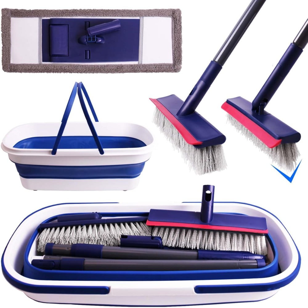 Collapsible Mop and Bucket Set, Microfiber Dust Mop, Floor Scrubber ...