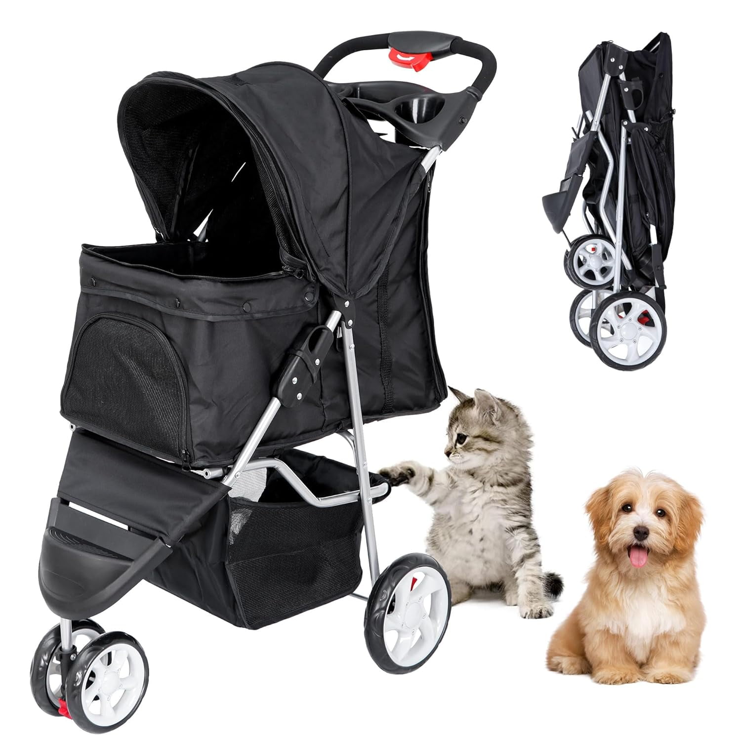 Collapsible Pet Stroller, Multi-Purpose Cat/Dog Transport Cart with 3 ...