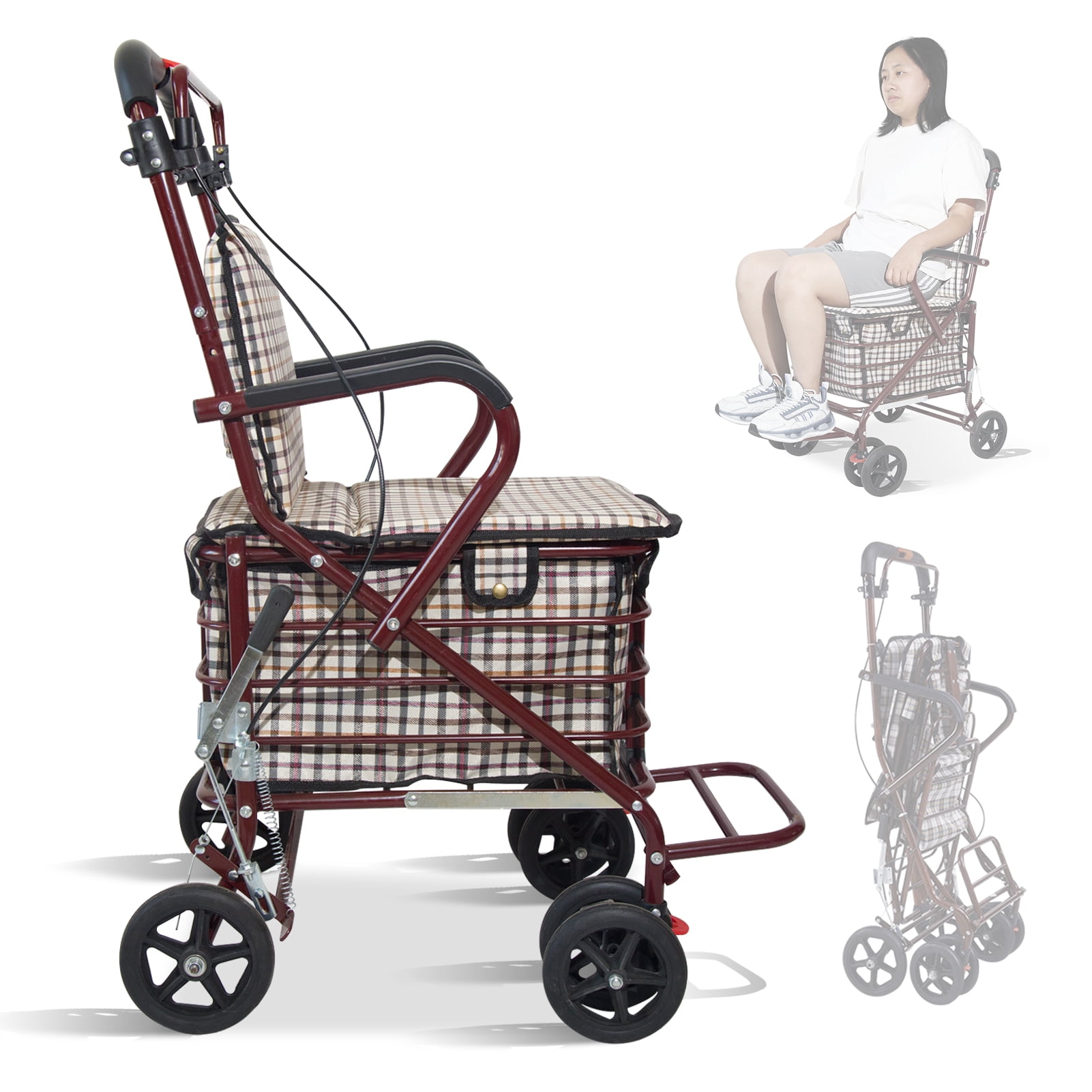 Collapsible Rolling Cart with Seat and Wheels, Portable Grocery Trolley ...