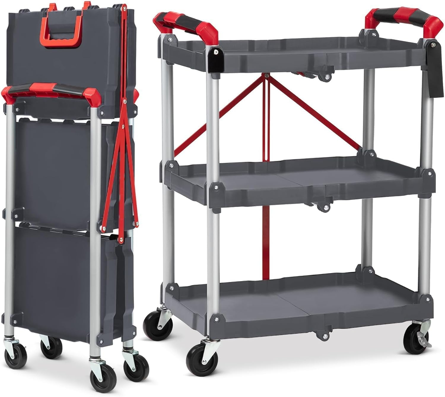 Collapsible Rolling Cart With Wheels, 3 Tier Rolling Utility Cart ...
