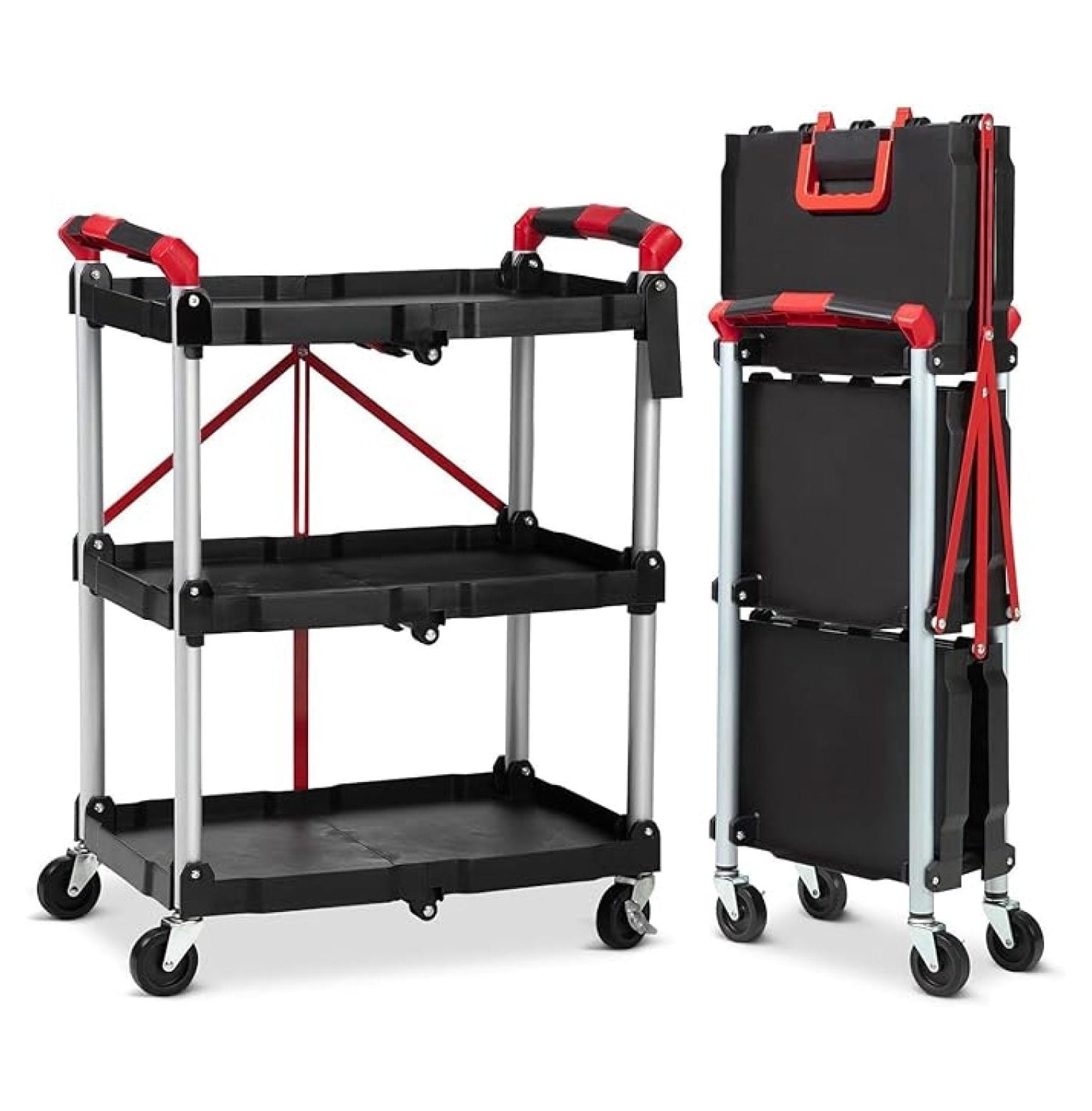 Collapsible Rolling Cart with Wheels, 3 Tier Rolling Utility Cart, No ...