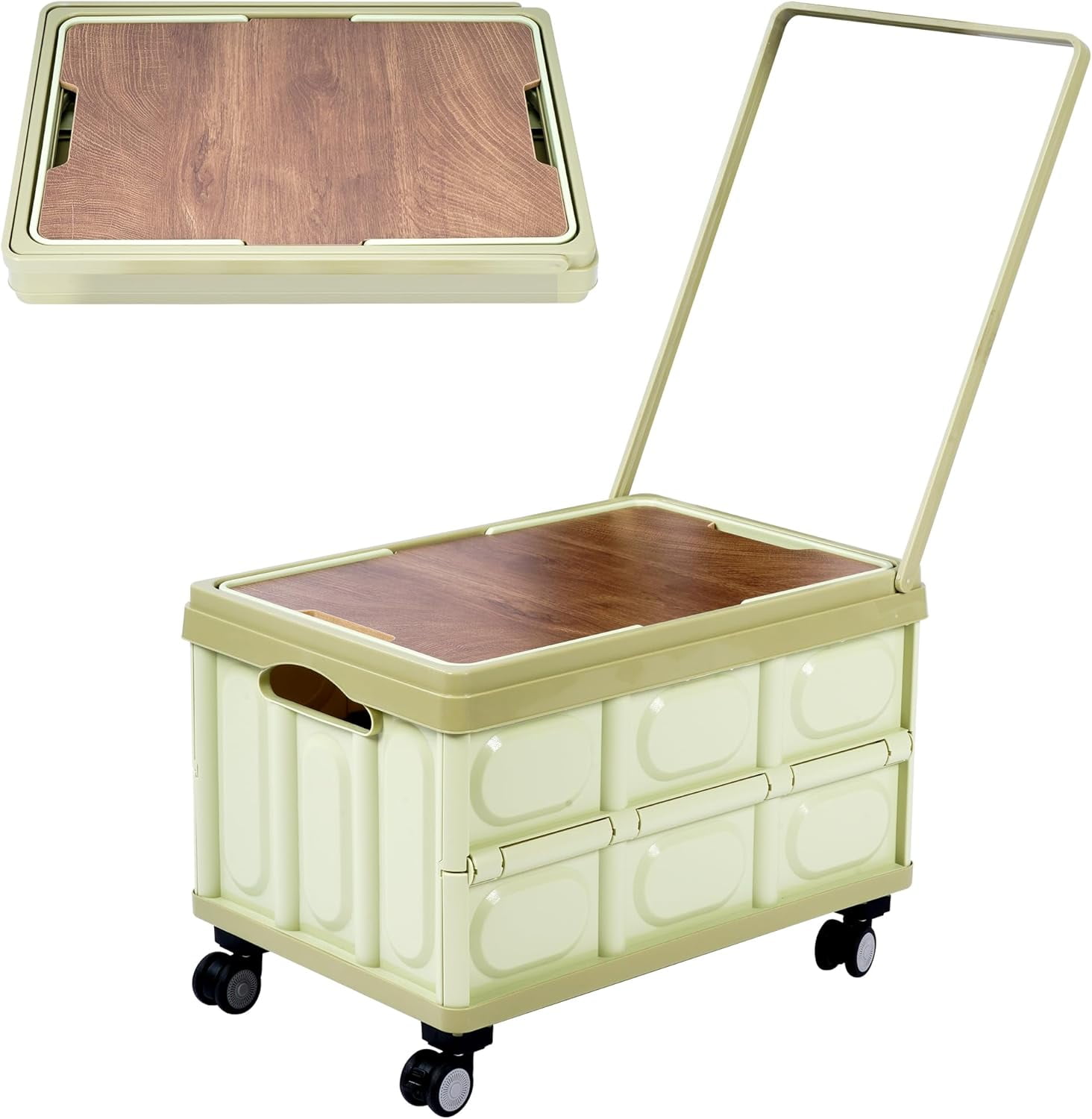 Collapsible Rolling Crate Cart with Wooden Lid Foldable Crate Carts ...