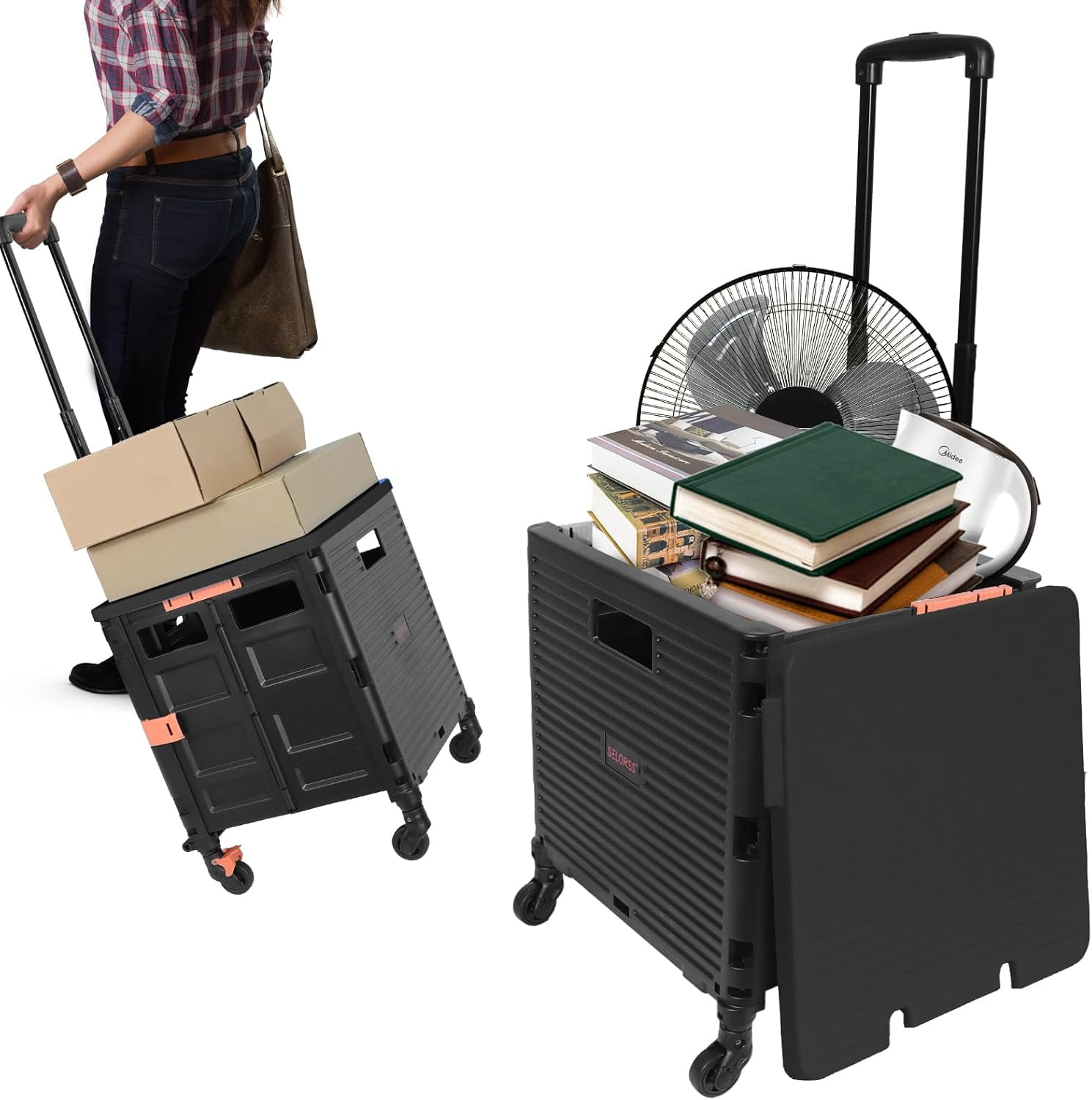 Collapsible Rolling Crate Utility Cart with Lid Tote Basket Teacher ...