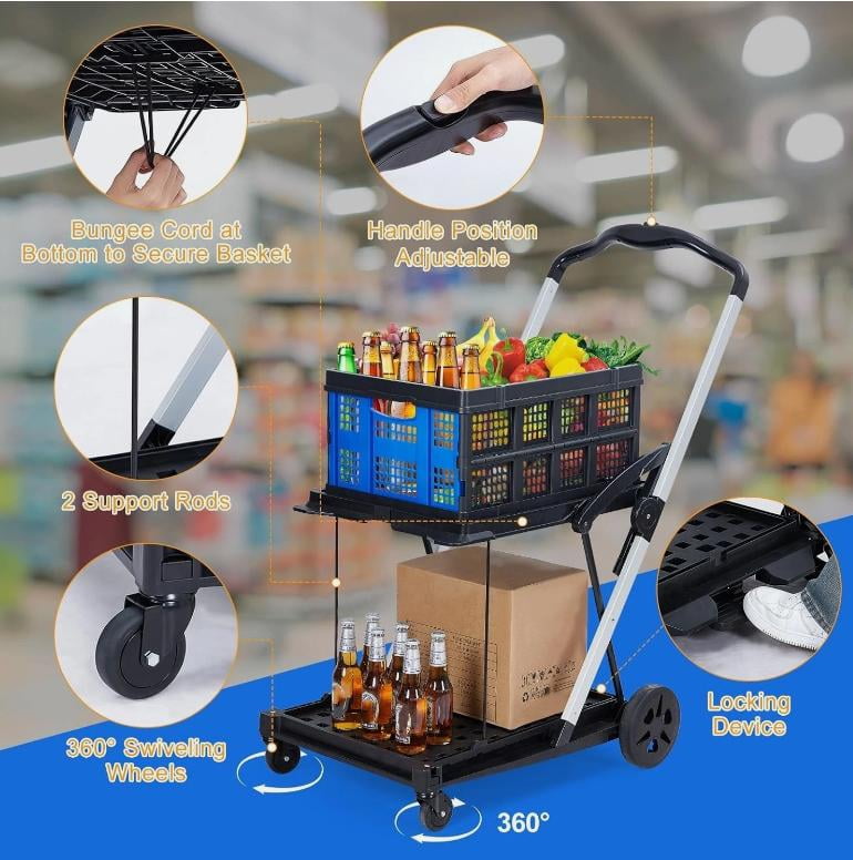 Collapsible Shopping Cart 2 Tier Rolling Storage Cart w/ Removable ...