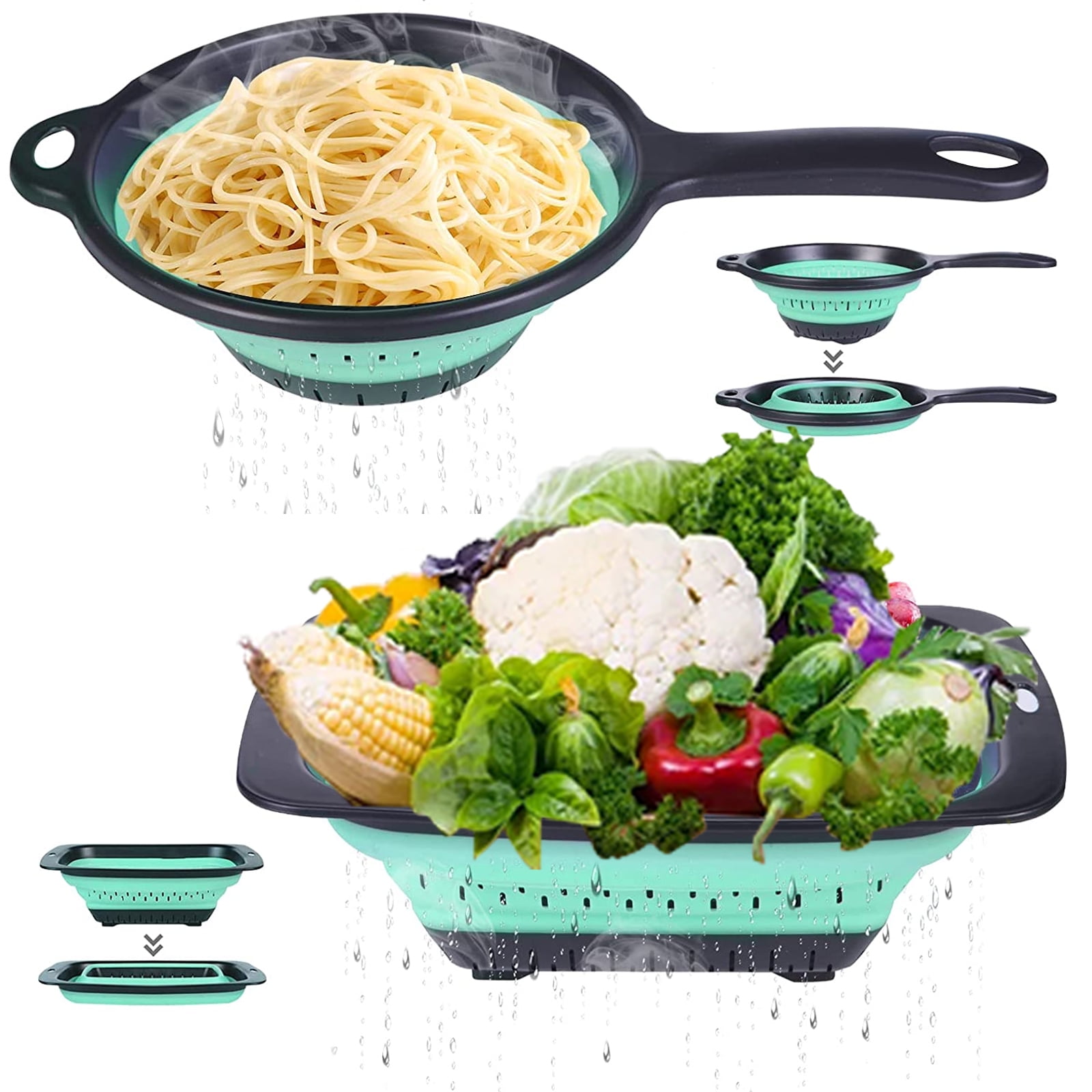 DLD Collapsible Silicone Colander Set, Large Foldable Pasta Strainer ...