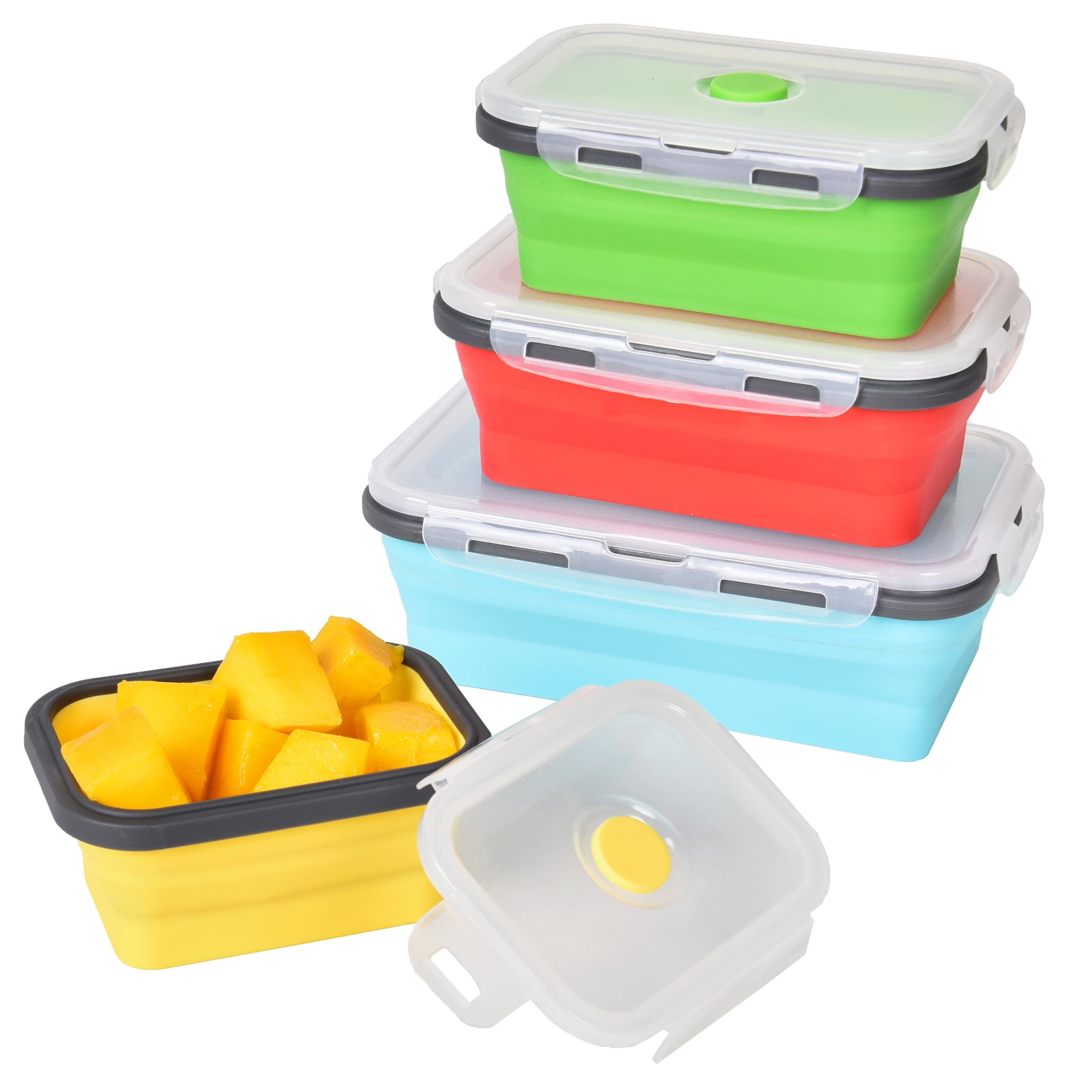 Collapsible Silicone Food Storage Containers, Set of 4 Stacking Container with Airtight Lids ...