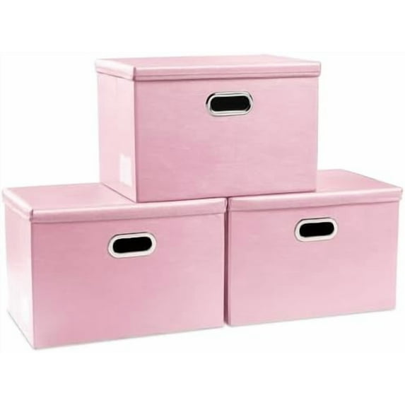 Collapsible Storage Bins with Lids [3-Pack] Leather Fabric Foldable ...