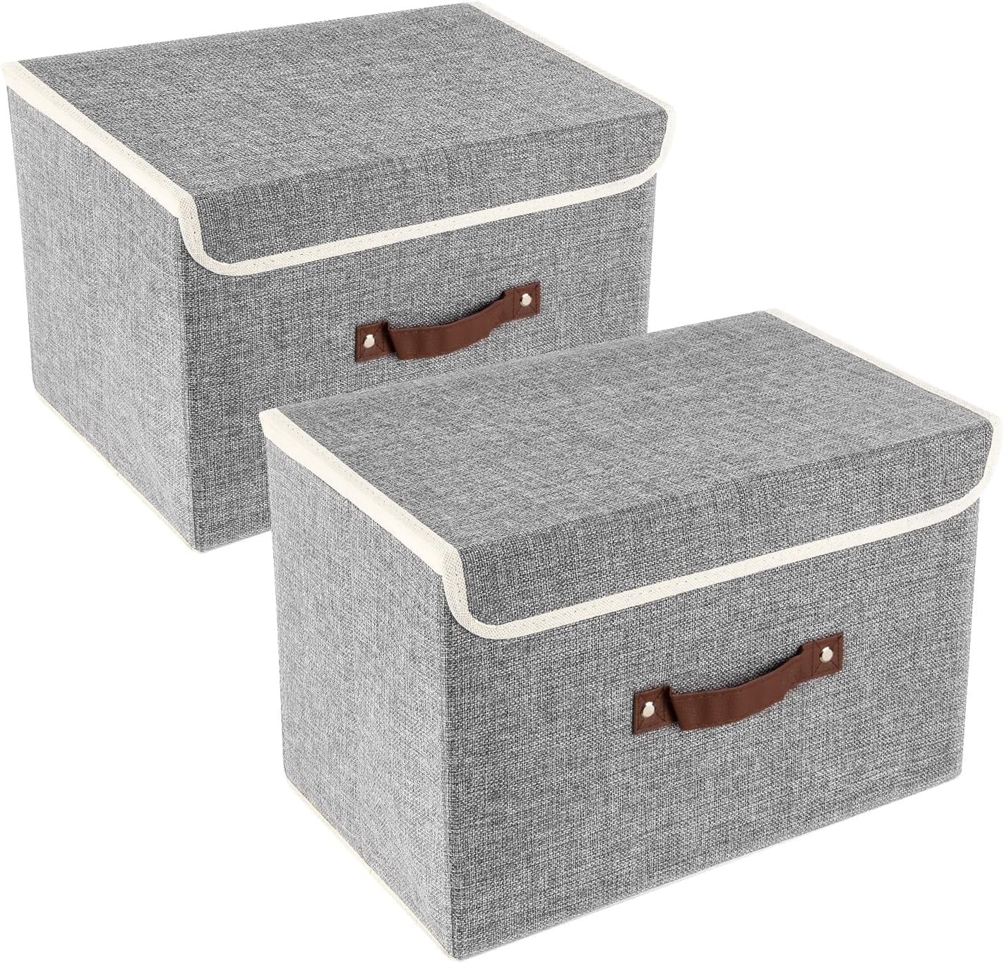 Collapsible Storage Bins with Lids, Linen Fabric Storage Box with PU ...