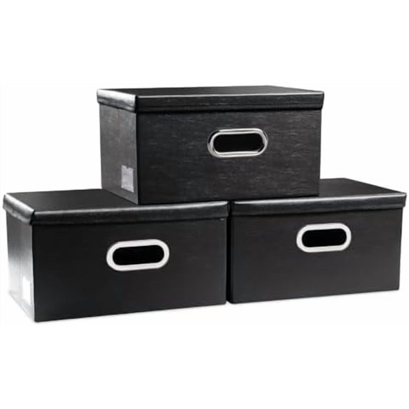 Collapsible Storage Box with Lid [3-Pack] Leather Fabric Foldable ...