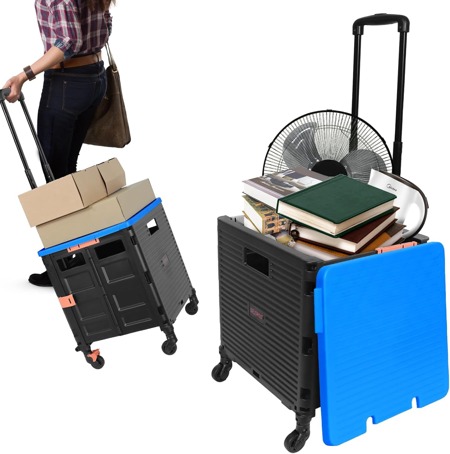 Collapsible Tote Basket with Lid Rolling Crate Utility Cart Teacher ...