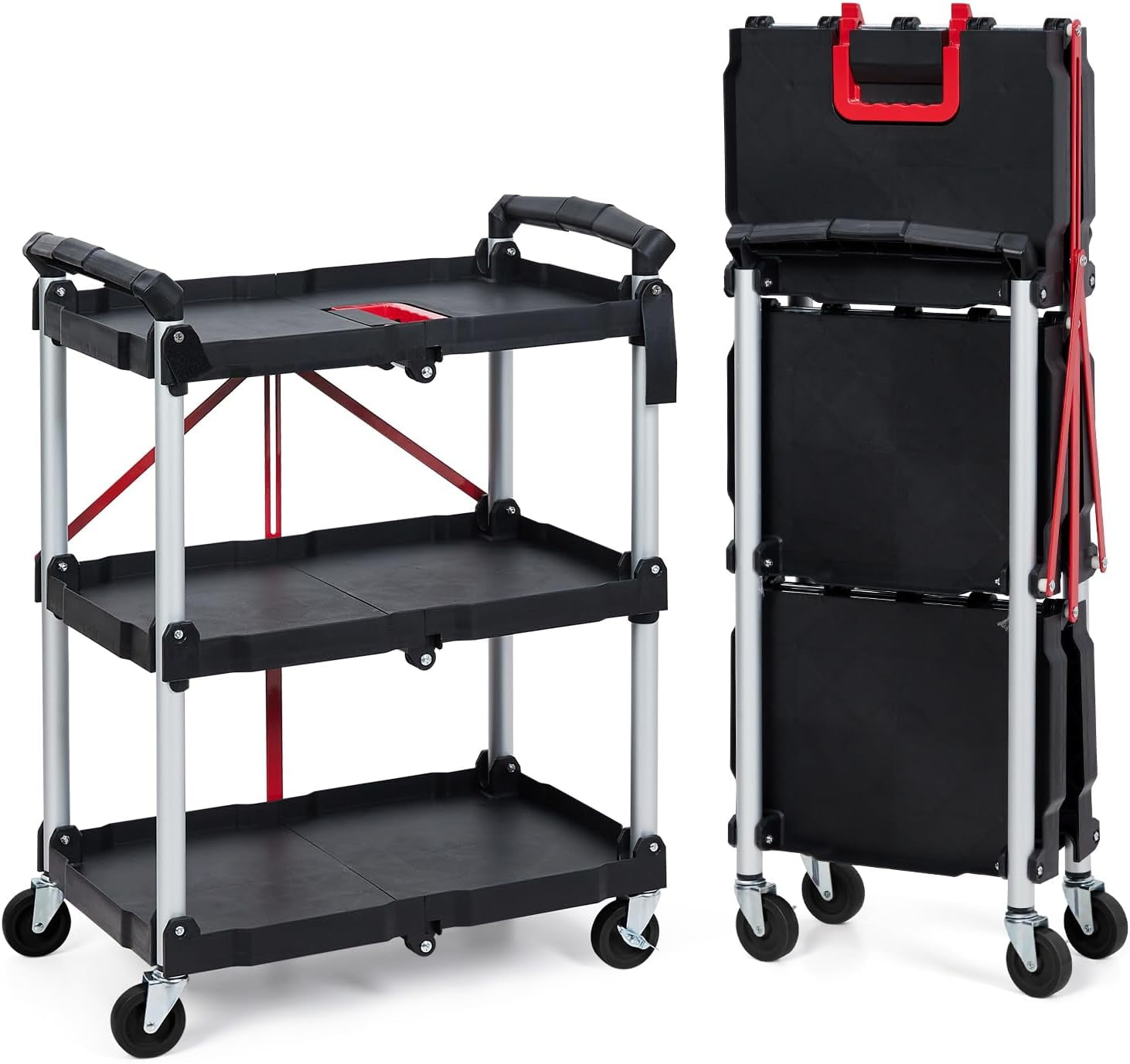 Collapsible Utility Cart, 3-Tier Foldable Service Cart with 360° Swivel ...