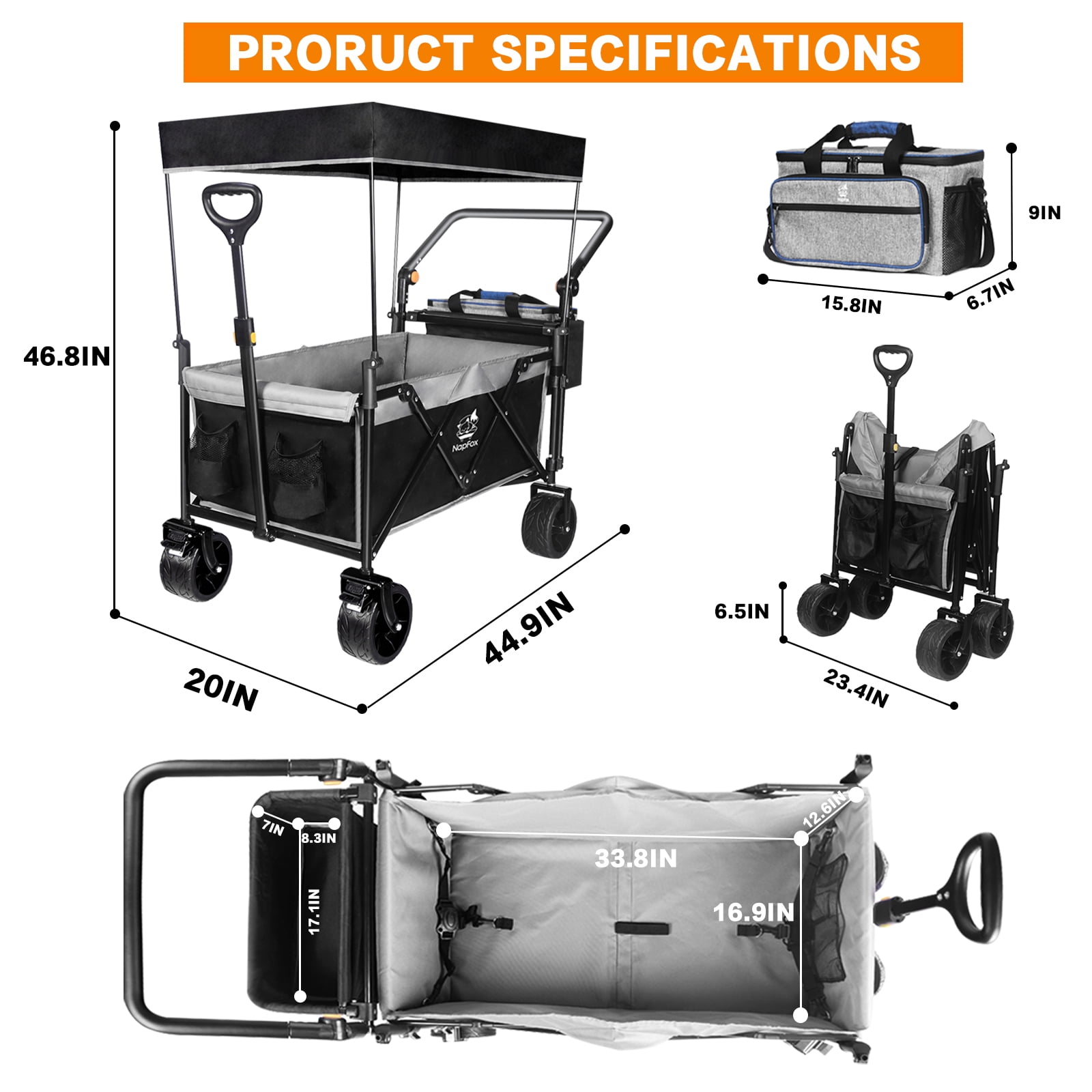Collapsible Wagon 140L Wagons Carts Foldable with Removable Canopy ...