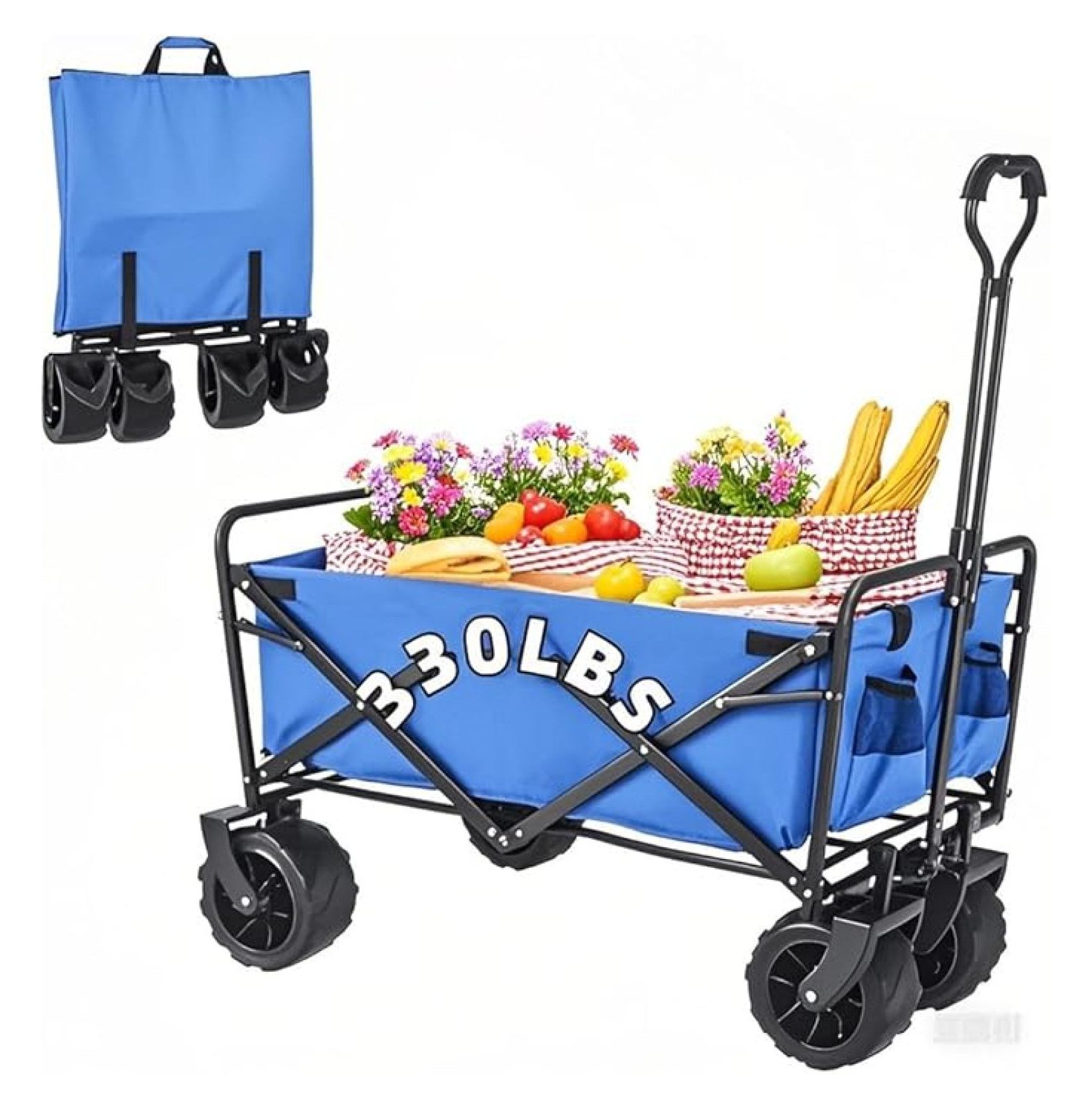 Collapsible Wagon 330lbs, Heavy Duty Beach Cart with 7'' Wheels & Drink ...
