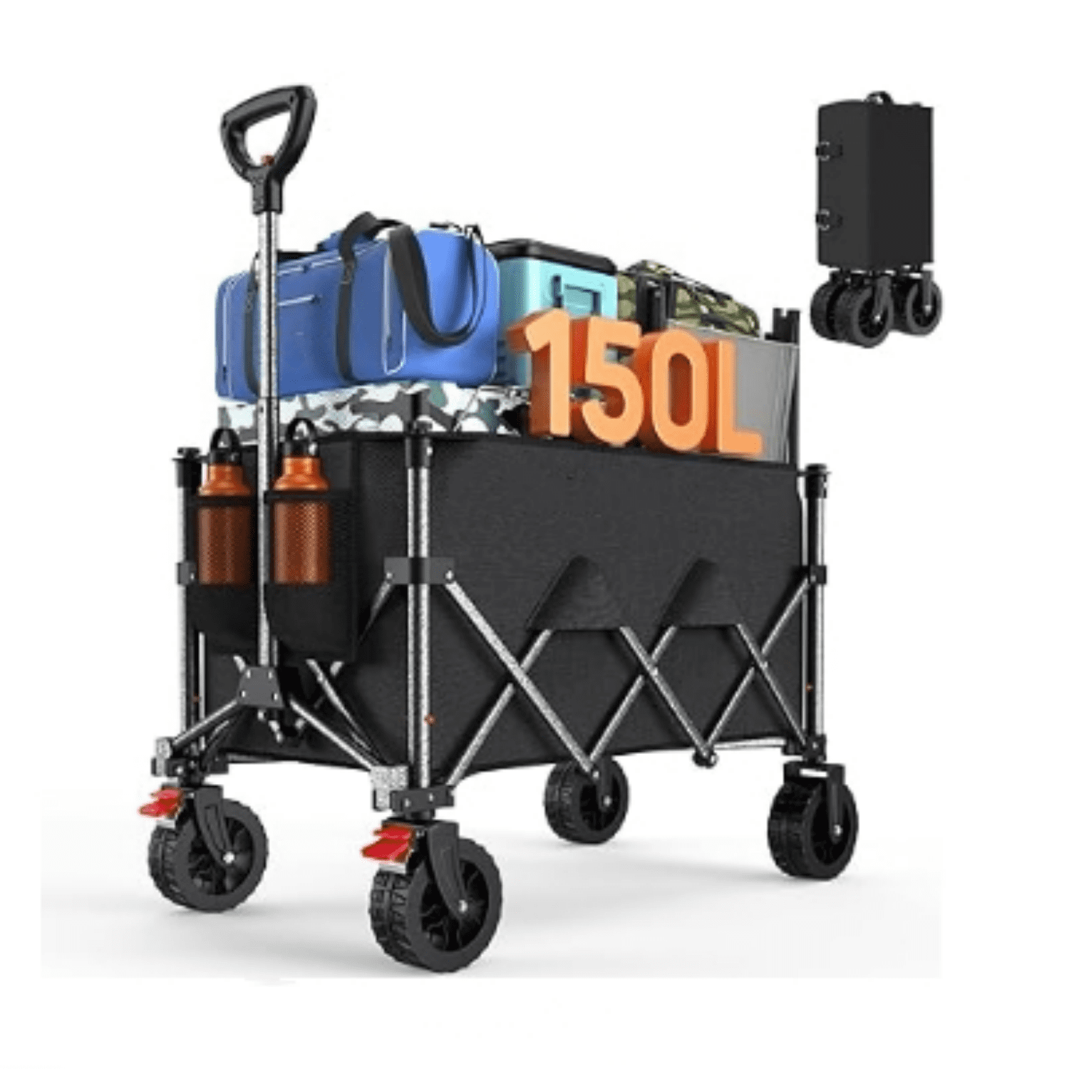 Collapsible Wagon Cart, 150L Heavy Duty Foldable Beach Wagon with Wider ...