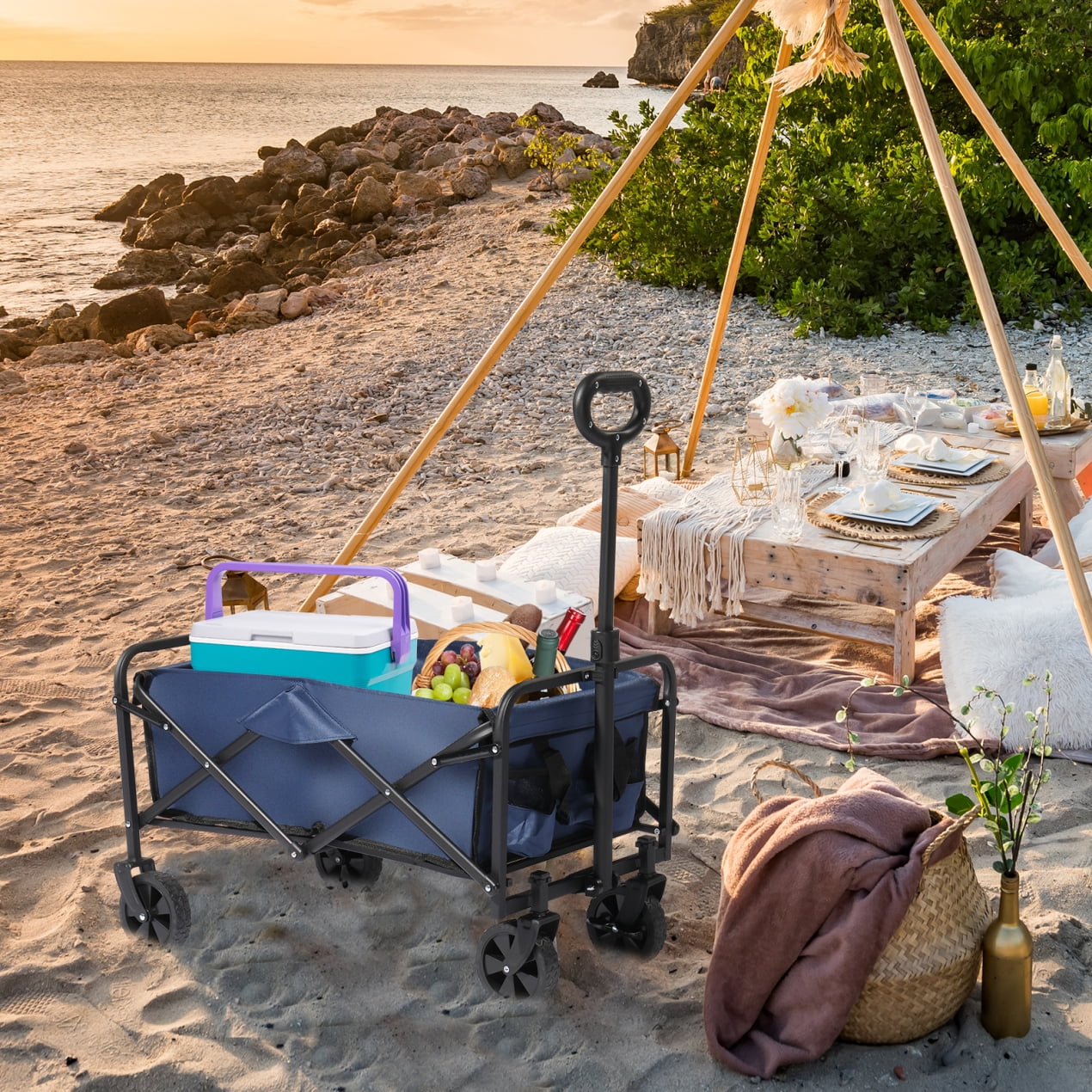 Collapsible Wagons Carts with 2 Drink Holders, Portable Grocery Cart on ...