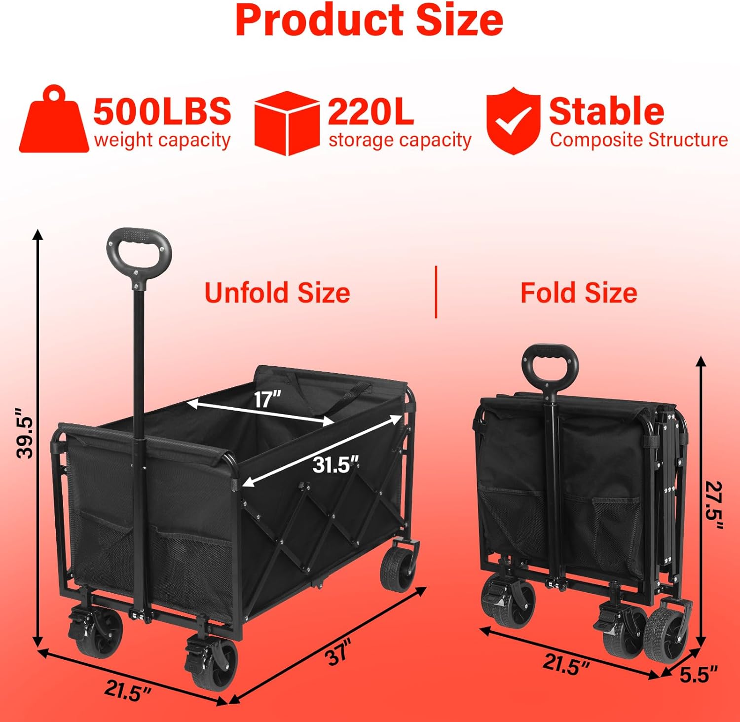 Collapsible Wagons Carts Foldable, 500LBS Heavy Duty Wagon Cart ...