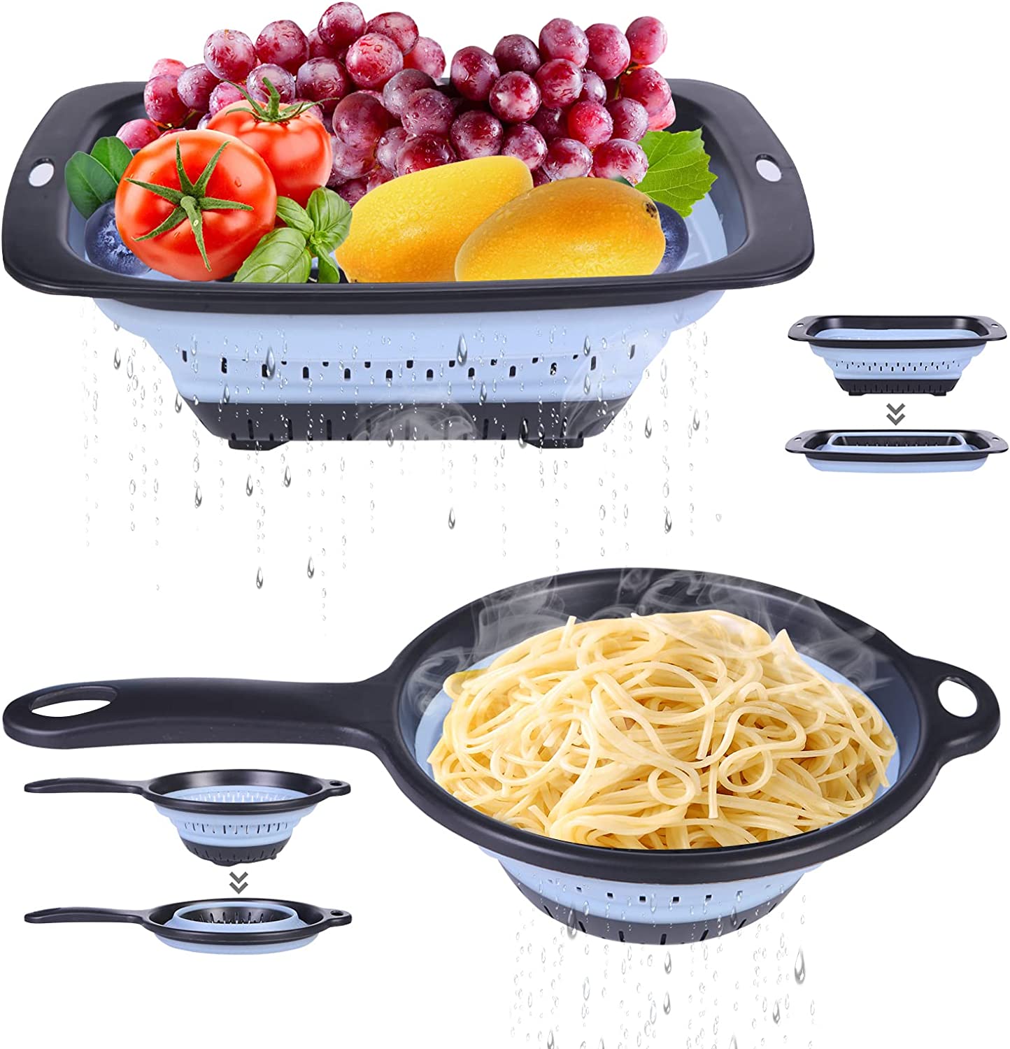 Collapsible silicone colander and strainer [2 piece set], 7.8 inches to ...