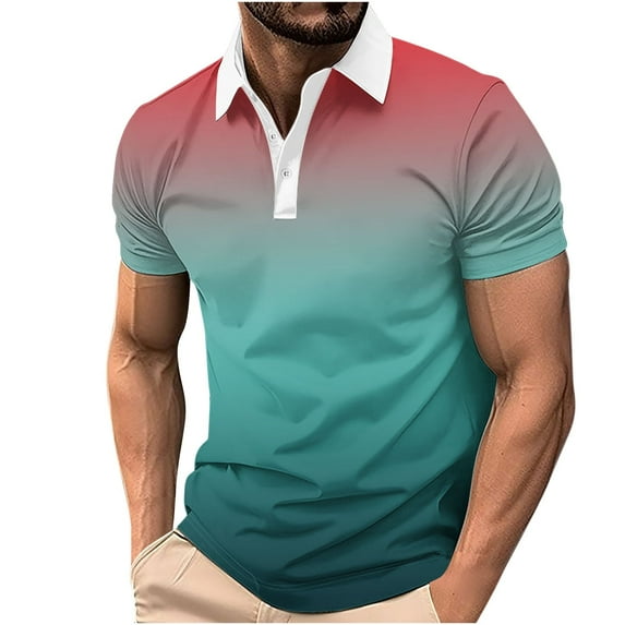 Collar Button Gradient Tees for Men Plus Size Tunic Short Sleeve Shirt ...