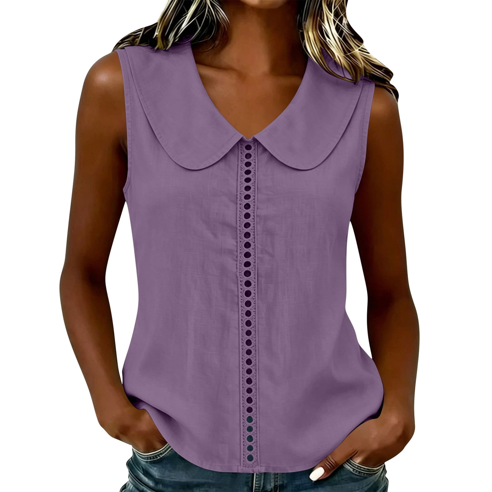 Collar Tank Tops for Women Cotton Linen Sleeveless V-Neck Vest Loose ...