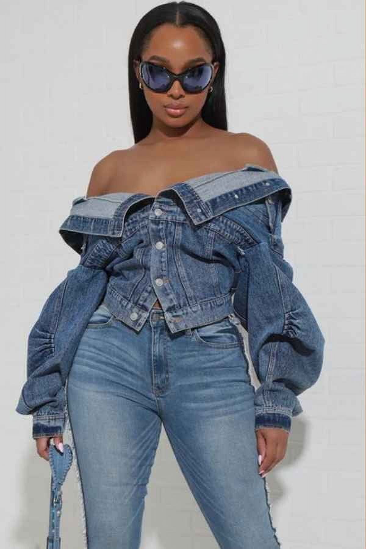 Collared Button Down Closure Washed Denim Jacket (M, DenimBlue ...