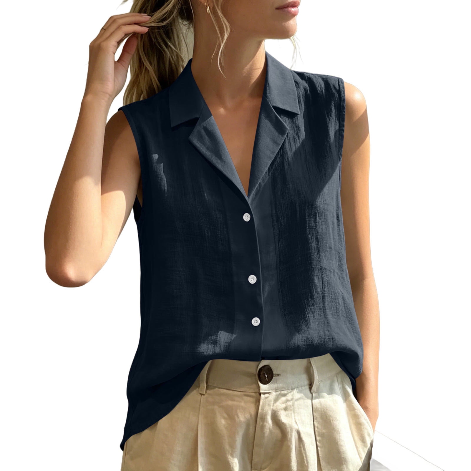 Collared Linen Top Women Solid Sleeveless Button Front Casual Summer ...