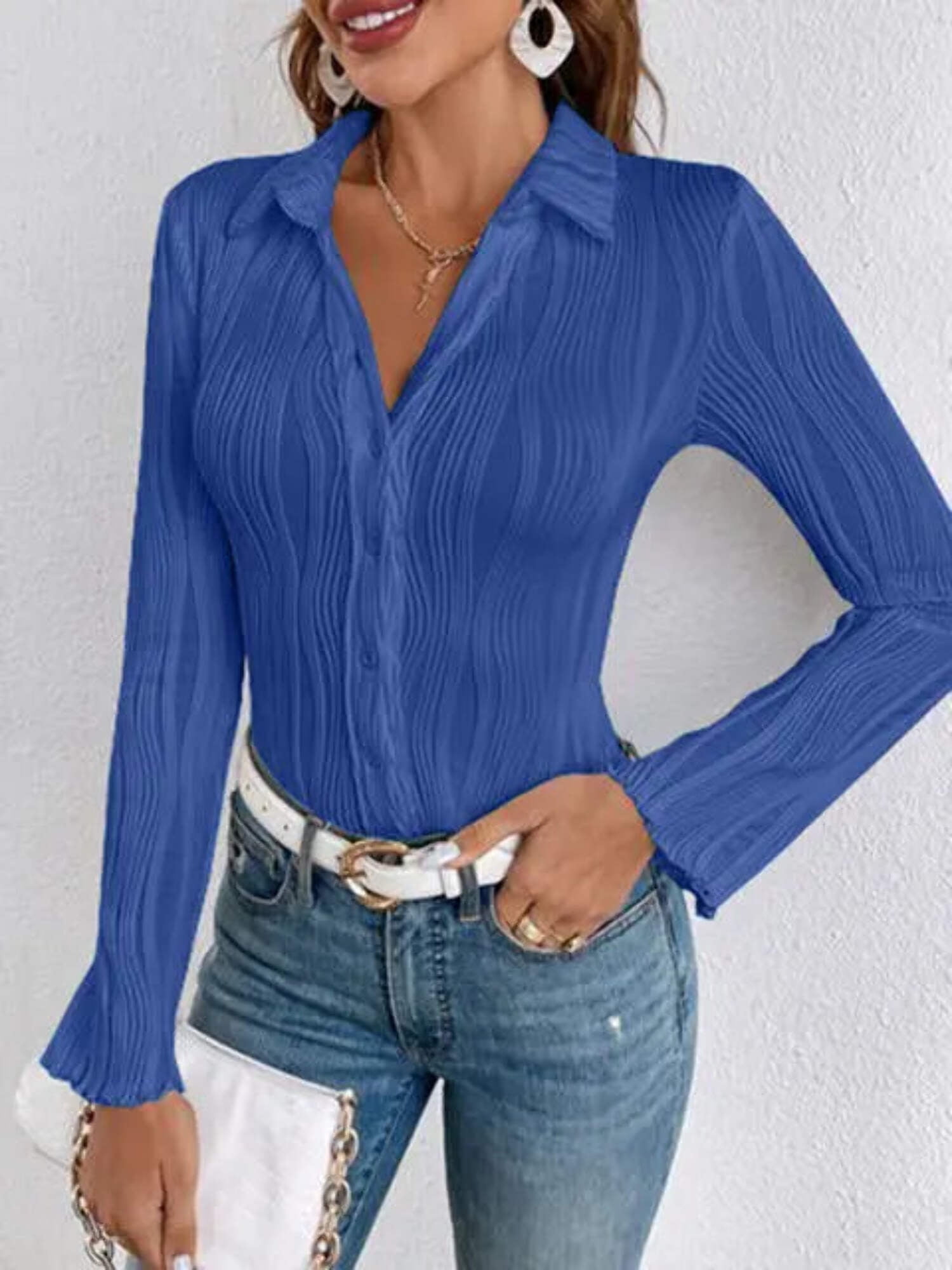Collared Neck Long Sleeve Shirt - BazaarBey - Walmart.com
