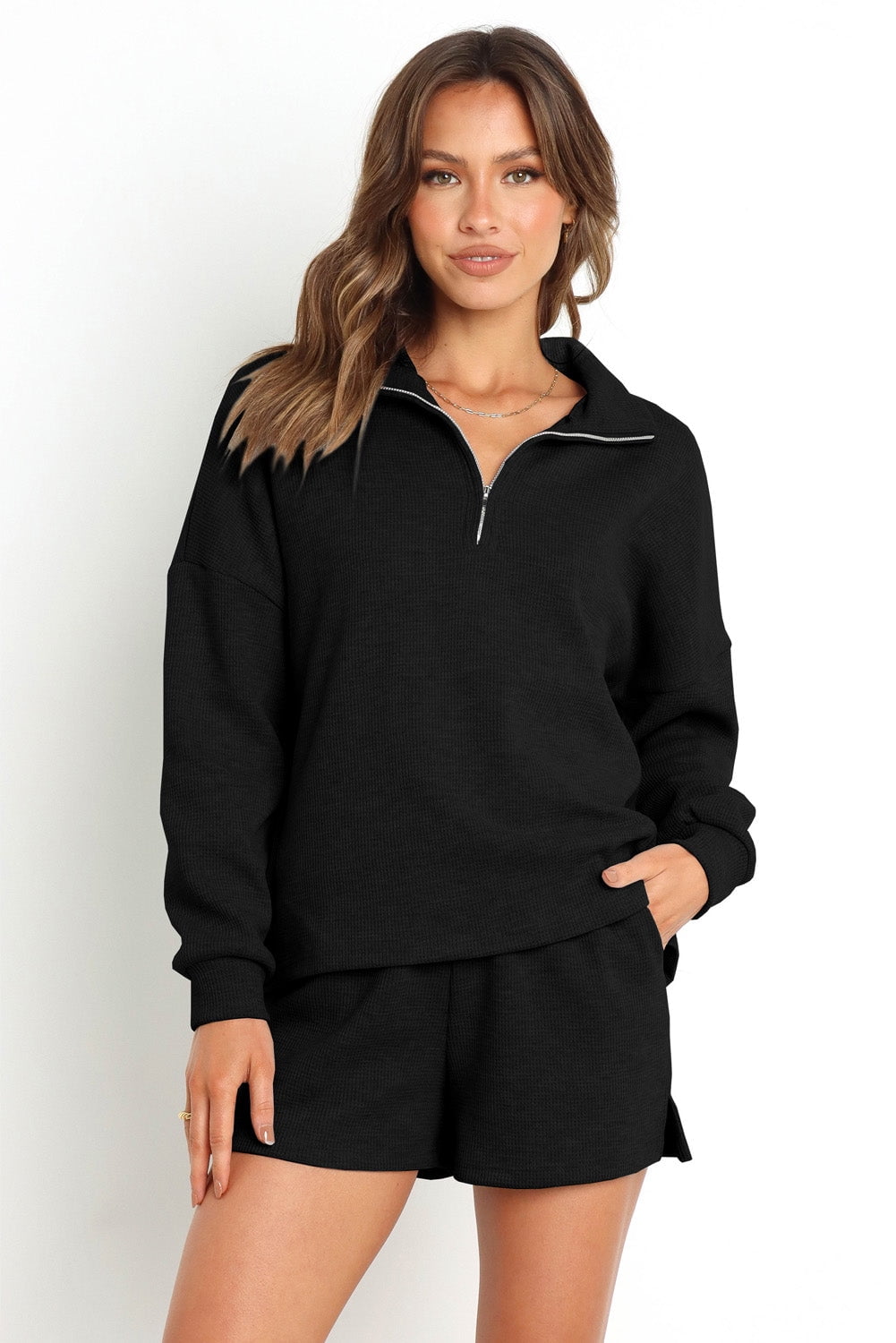Collared Neck Zip-Up Top and Slit Shorts Set, Trendsi - Walmart.com