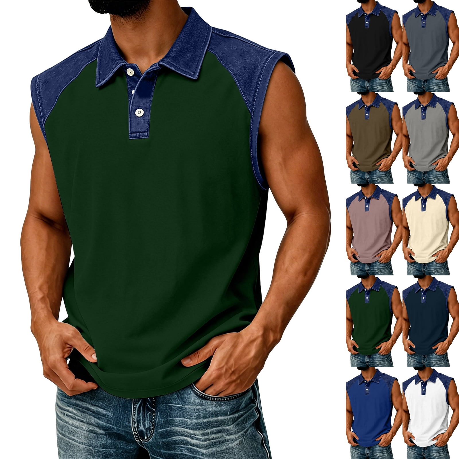 Collared Sleeveless Shirts for Men Casual Summer Tank Tops Color Block ...