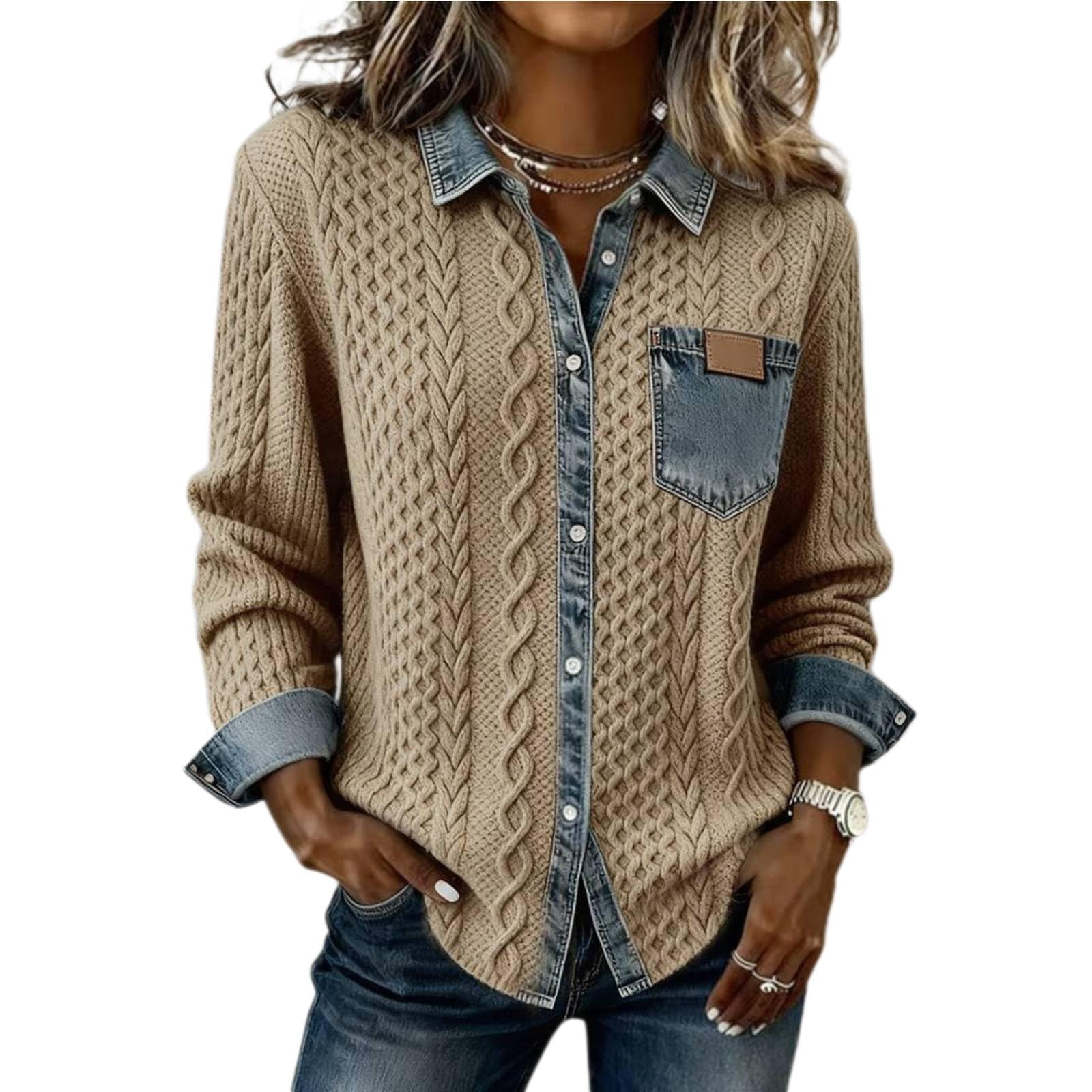 Collared Sweaters for Women with Buttons Vintage Denim Patchwork ...