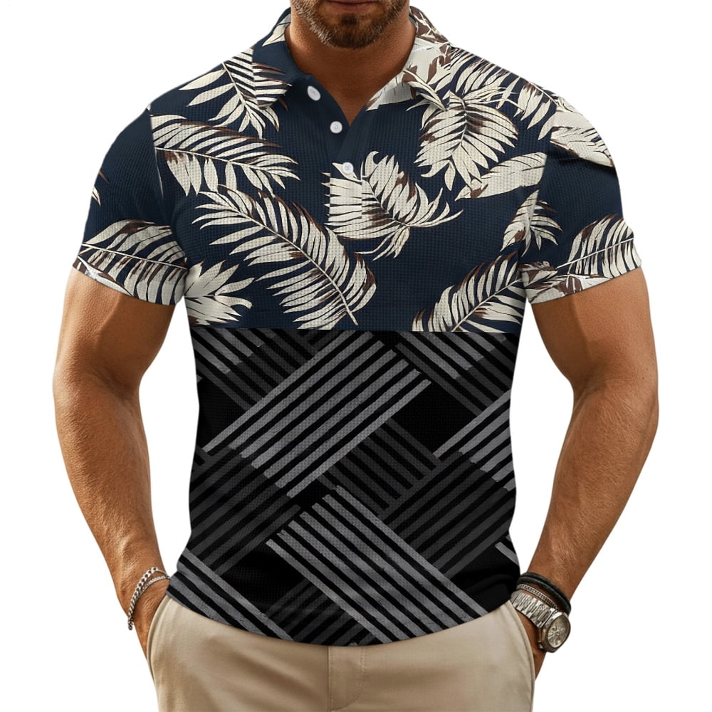 Collared T Shirt for Men Floral Print Short Sleeve Graphic Button Tee ...