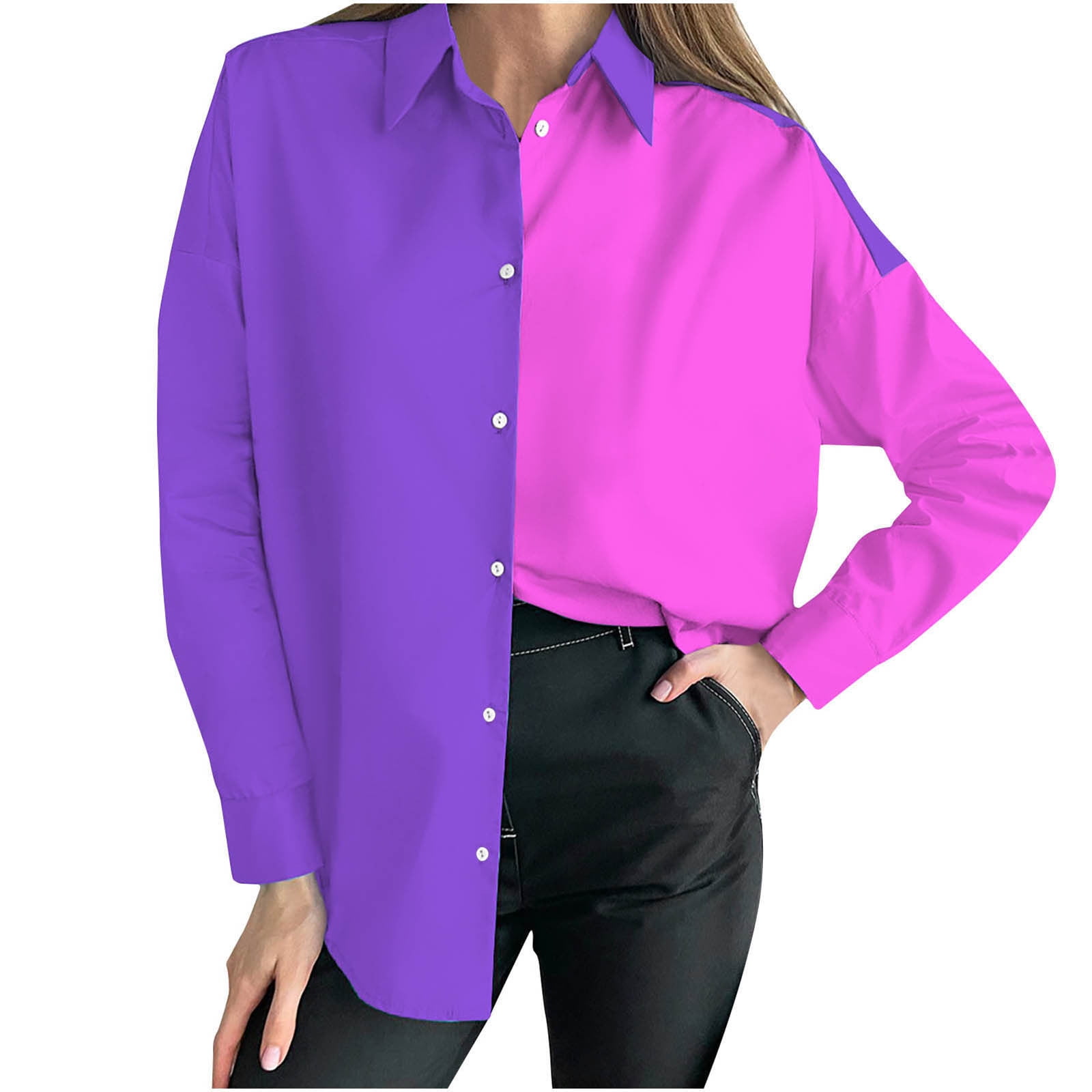 Collared Tops Women Color Block Button-Down Shirts, Womens Long Sleeves ...