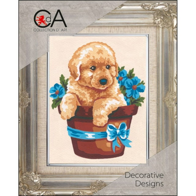 Collection D'Art Stamped Needlepoint Kit, 20cm x 25cm, Puppy In Flower ...