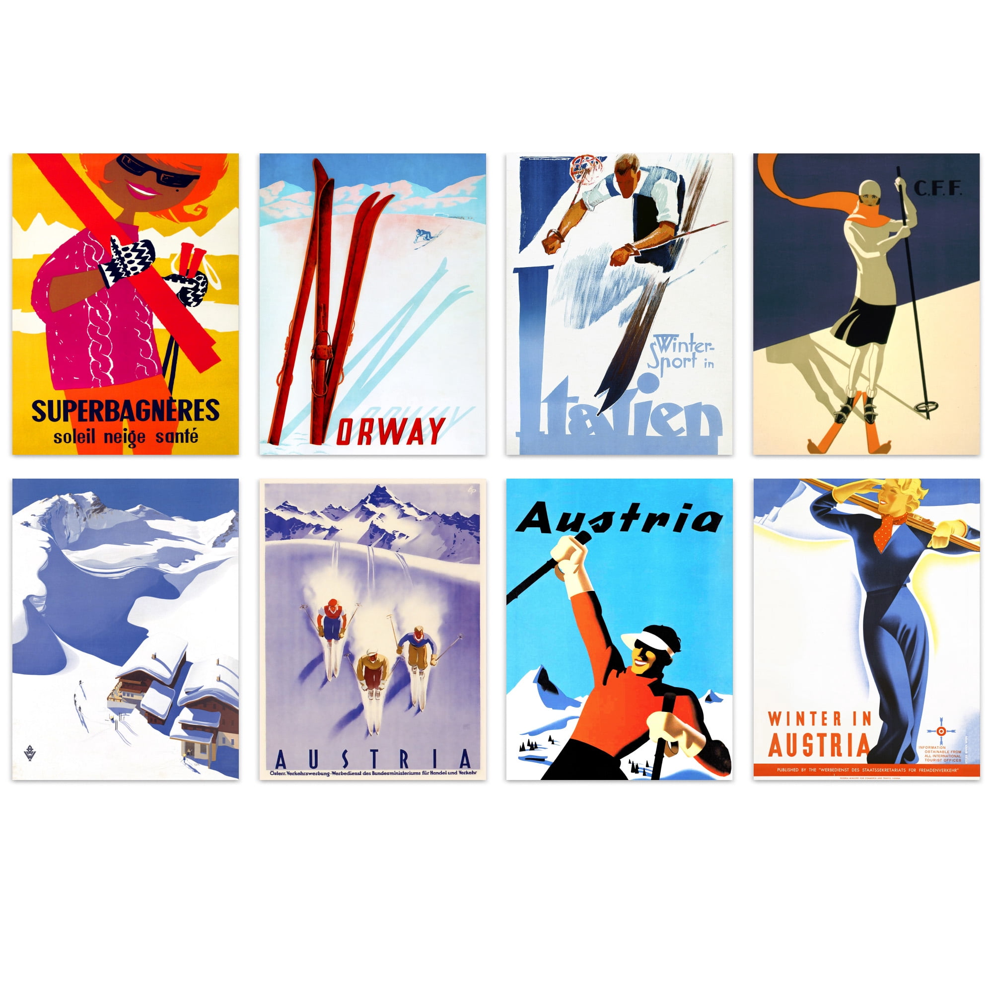 Collection Of Vintage Winter Skiing Ski Adverts Set Of 8 Unframed Wall ...