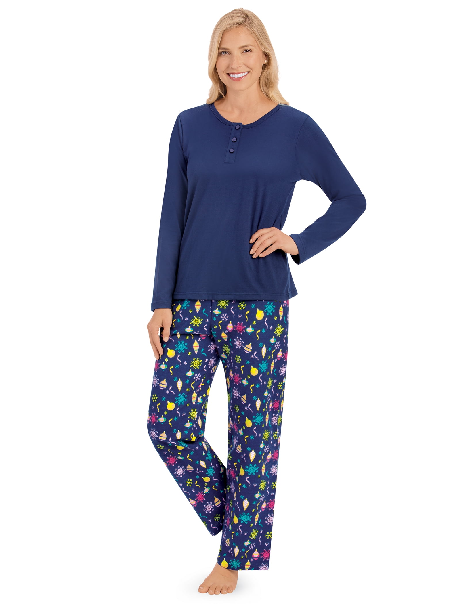 Collections Etc 2pc. Festive Ornaments Pants Pajama Set with Henley ...