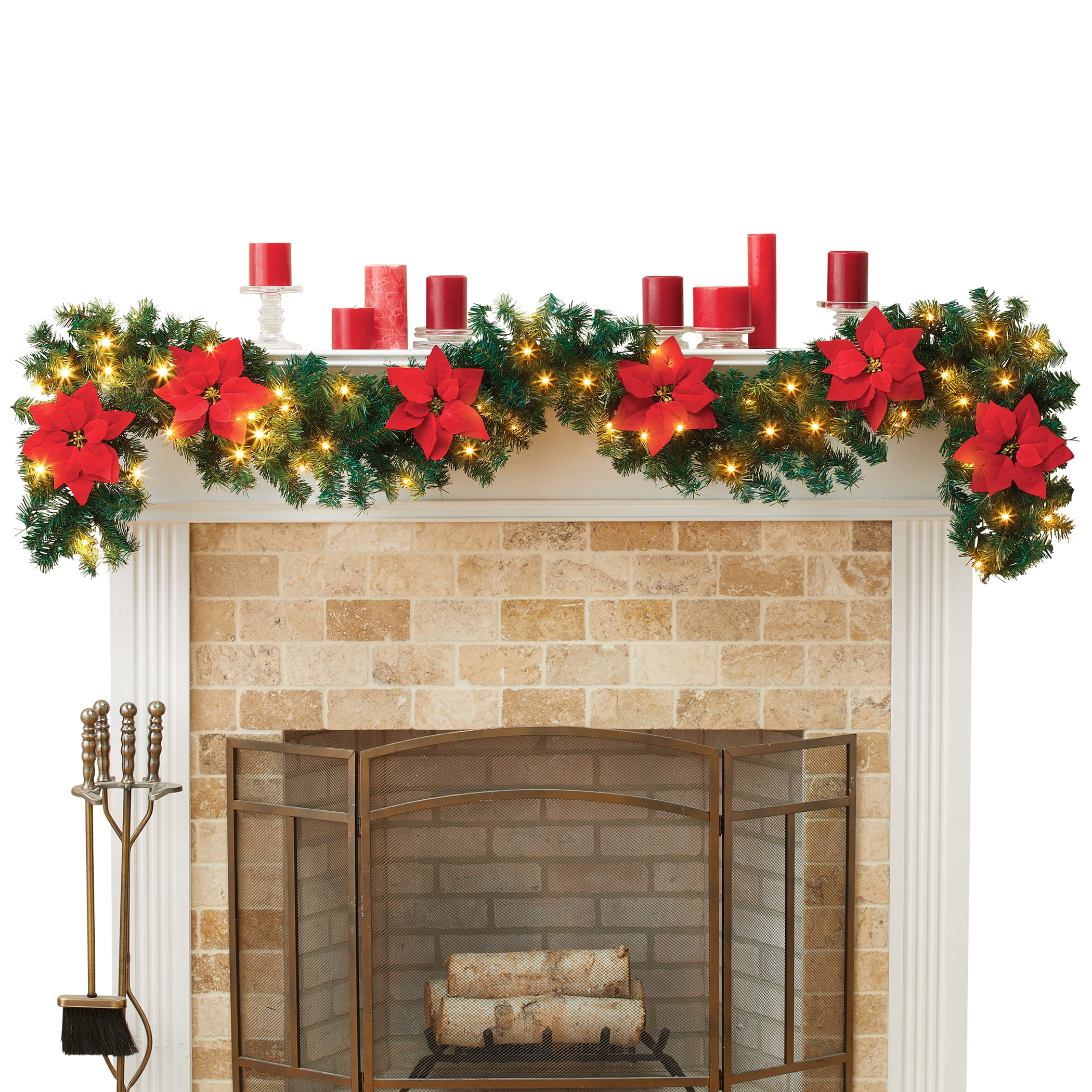 Collections Etc 9-Foot LED Lighted Festive Poinsettia Garland - Walmart.com